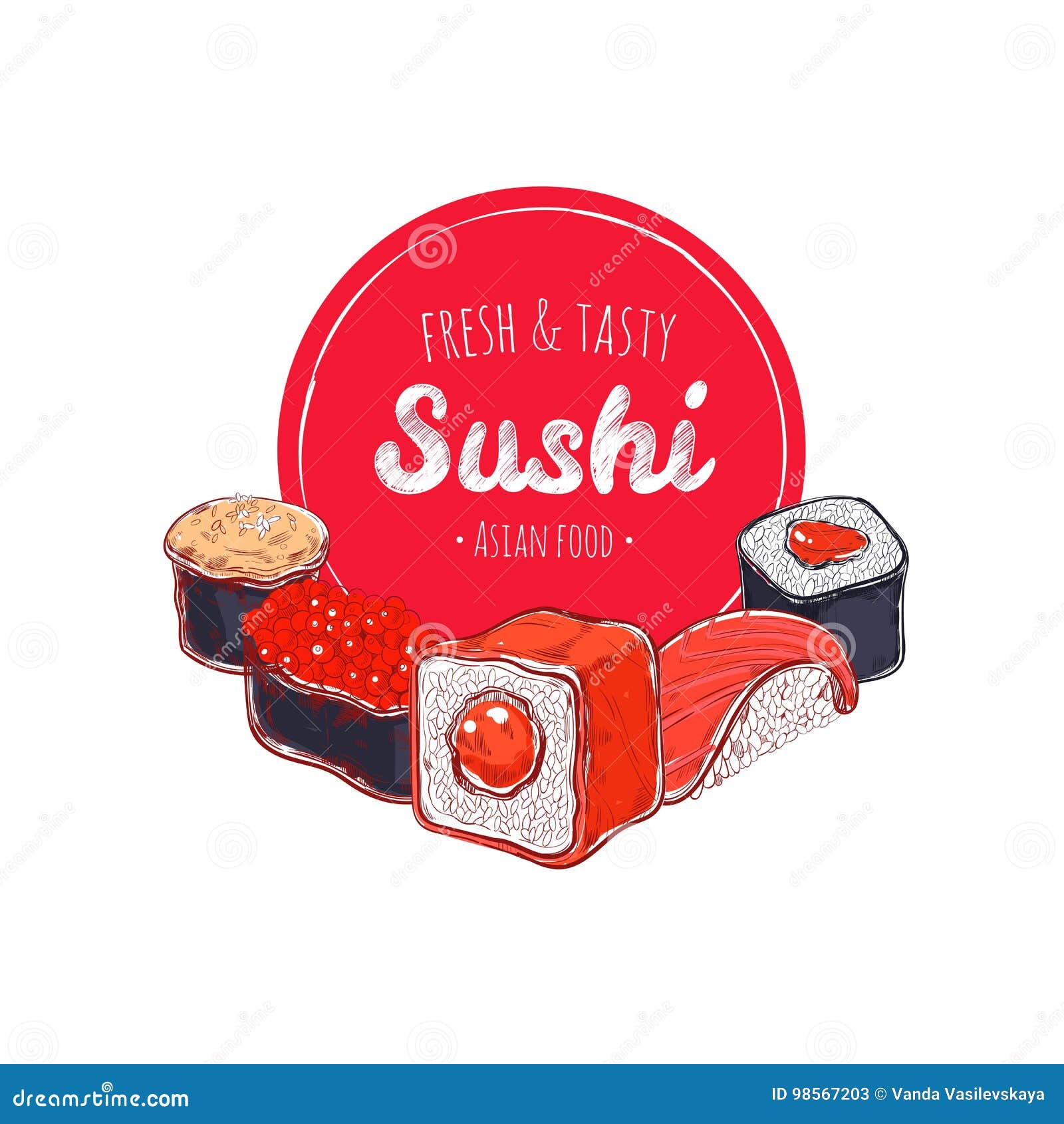 Vector Hand Drawn Sushi Label. Asian Food Stock Vector - Illustration ...