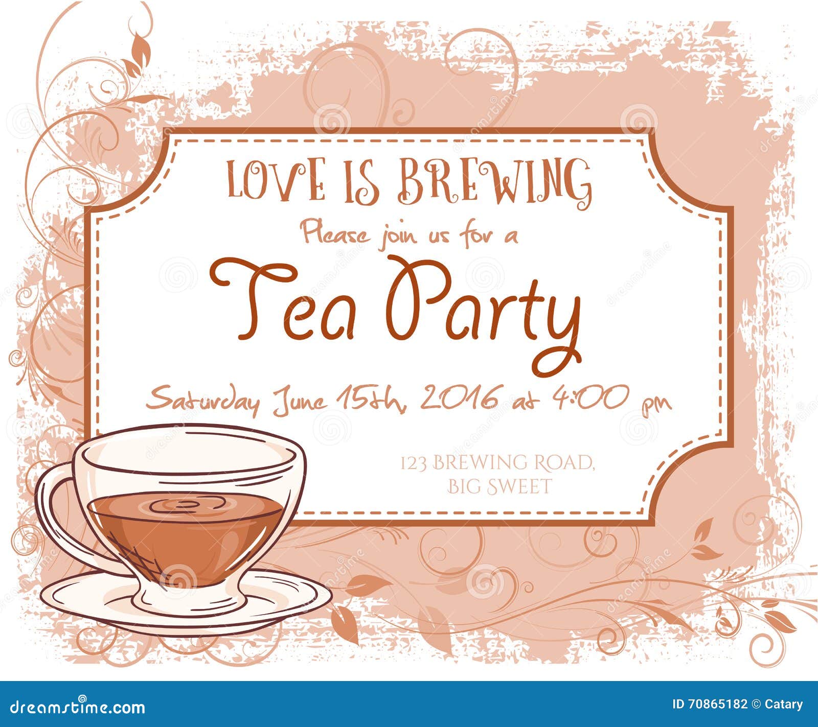 Vector Hand Drawn Tea Party Invitation Card, Vintage Frame, Cup and ...