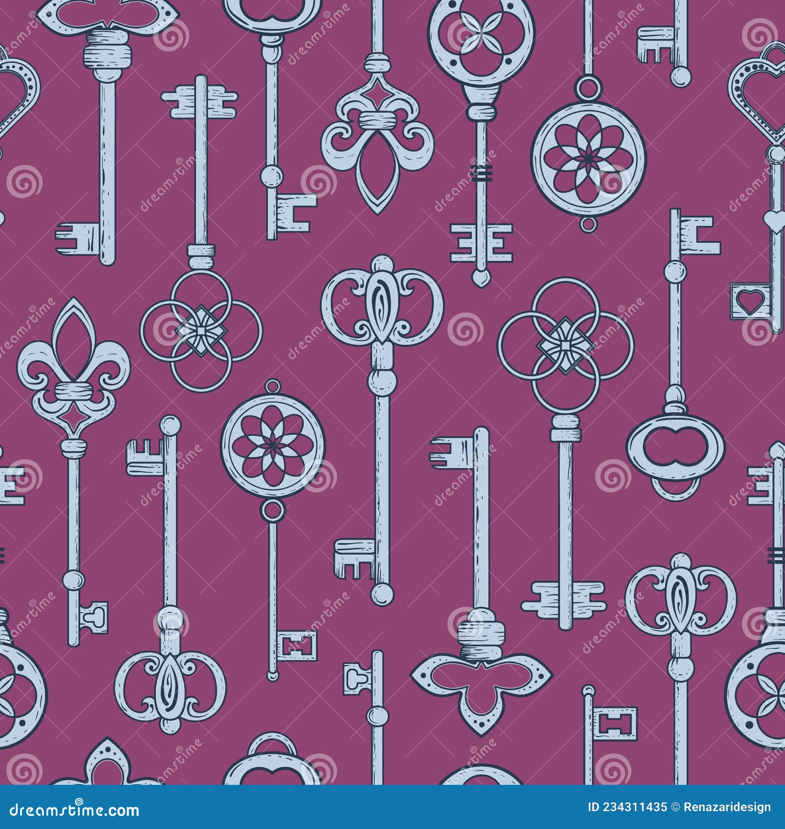 Vector Hand Drawn Vintage Keys Seamless Pattern Print Background. Stock ...