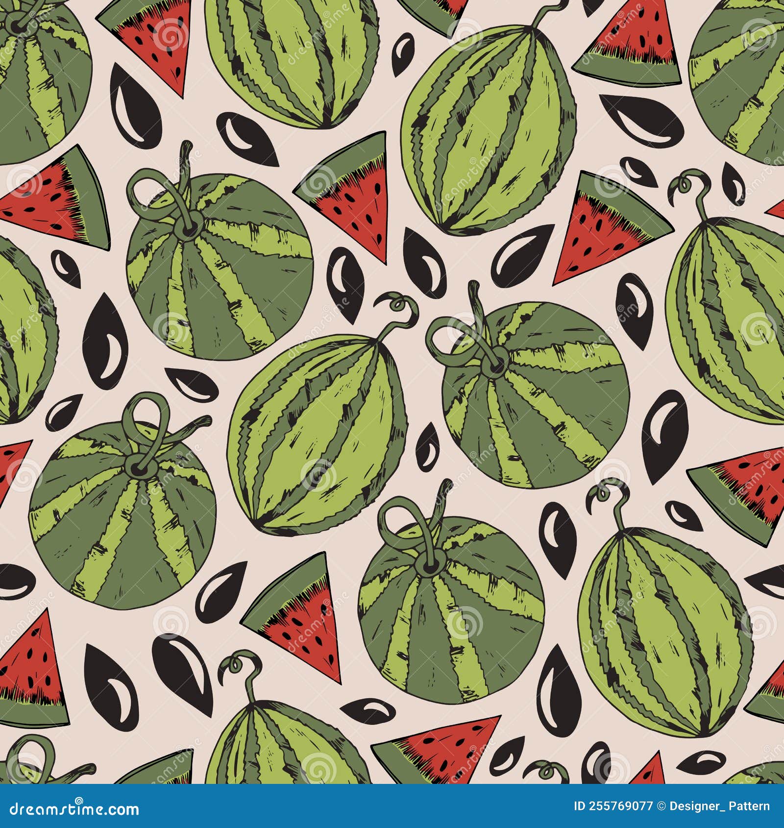 Vector Hand-drawn Watermelon Elements Seamless Repeat Pattern ...