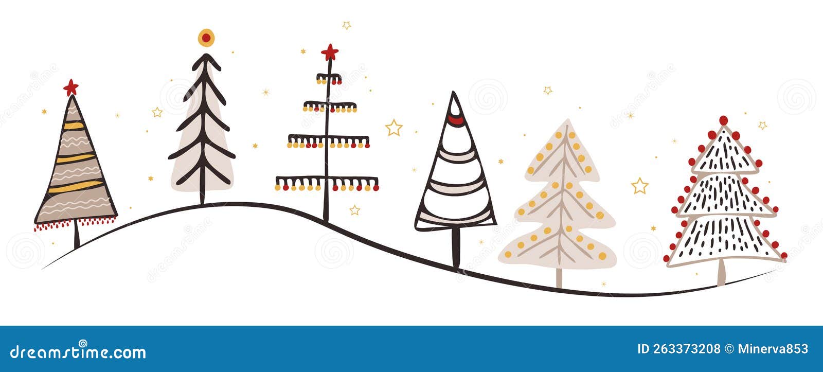 Vector Hand Drawn Winter Trees Border. Whimsical Doodles Christmas ...