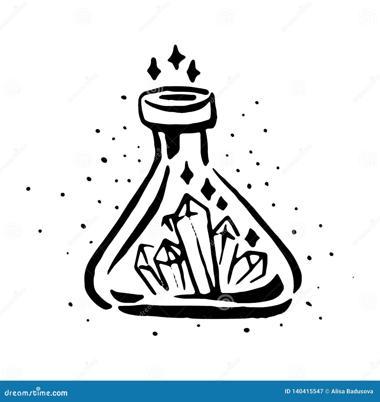 Vector Hand Drawn Witch and Magic Flask Potion with Crystals Item ...