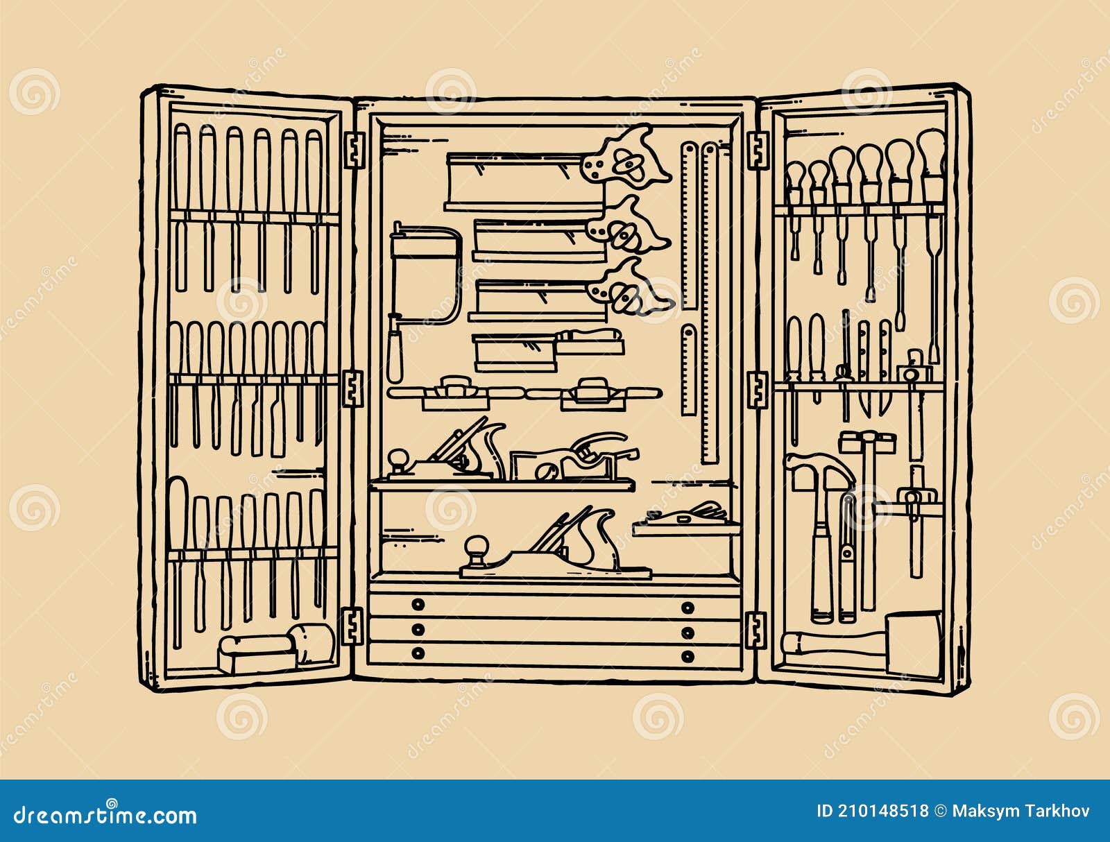 Vector Hand Drawn Wood Shelf with Instruments on the Wall. Stock Vector ...