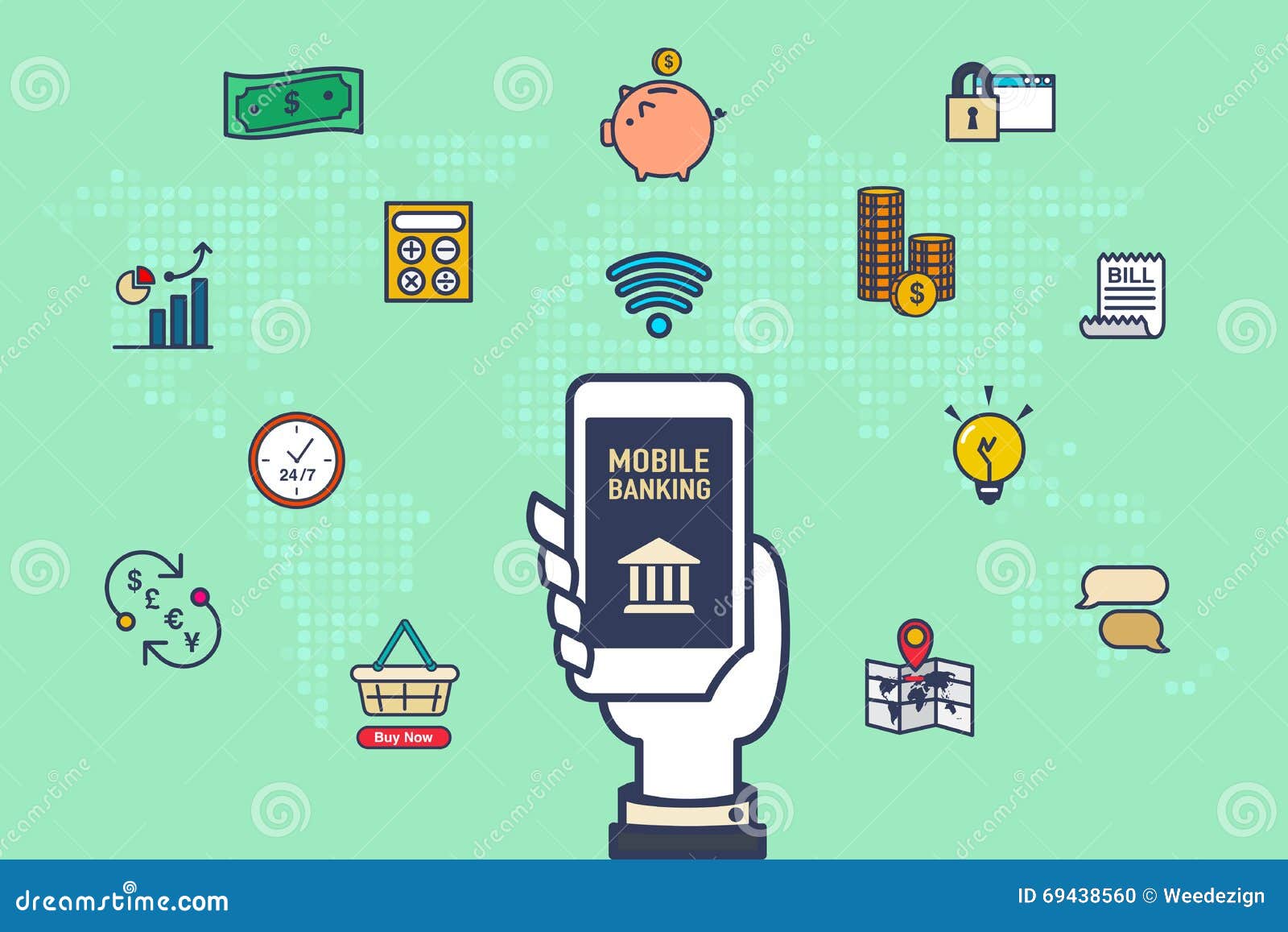 Vector :Hand Hold Mobile with Banking Activity Icons with World Stock ...