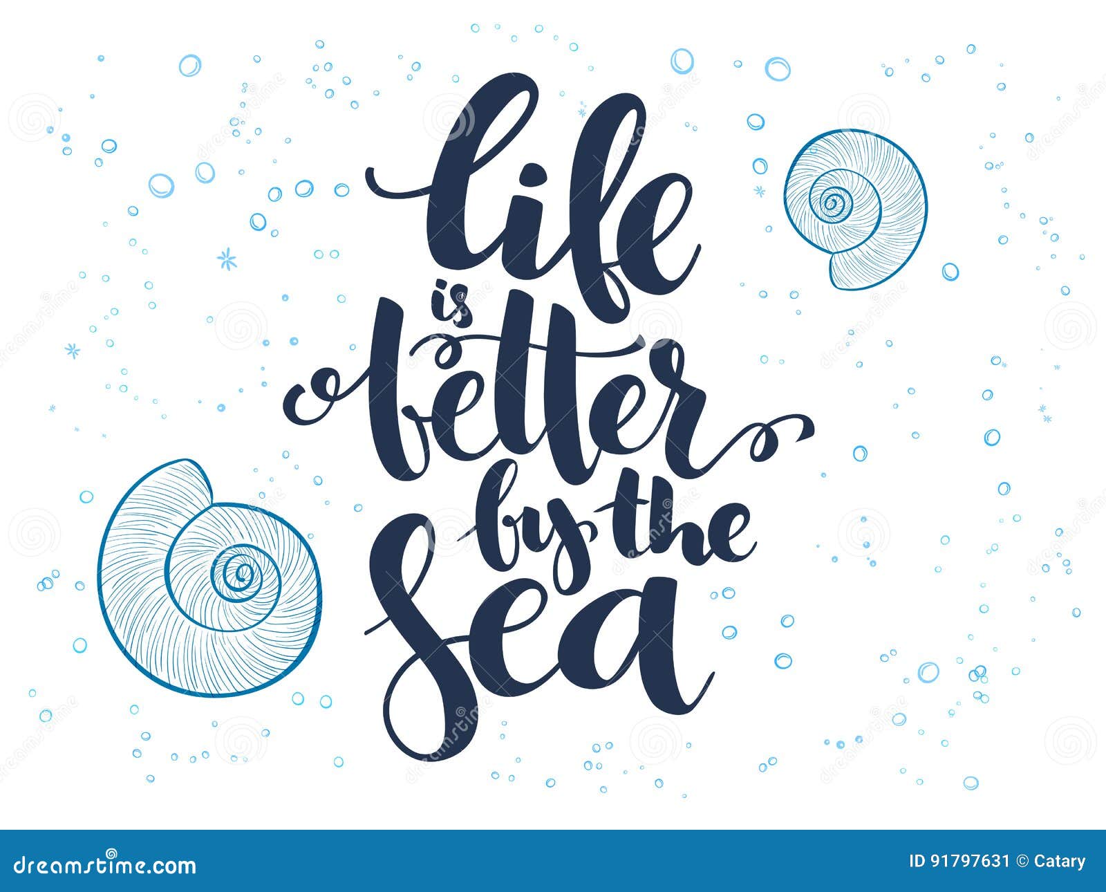 Vector Hand Lettering Summer Text about Sea with Doodle Shells and ...