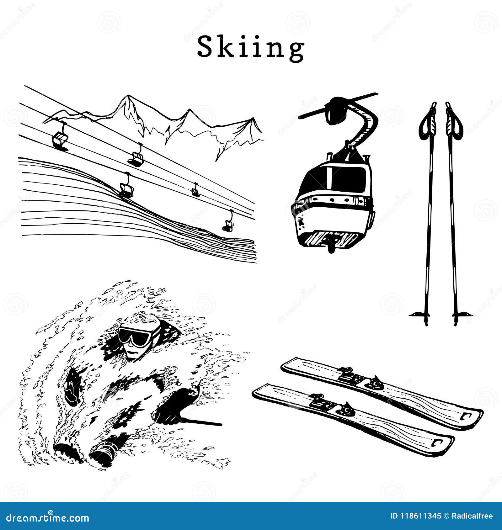 Vector Hand Sketches of Skiing Elements.Illustration Set for Poster ...