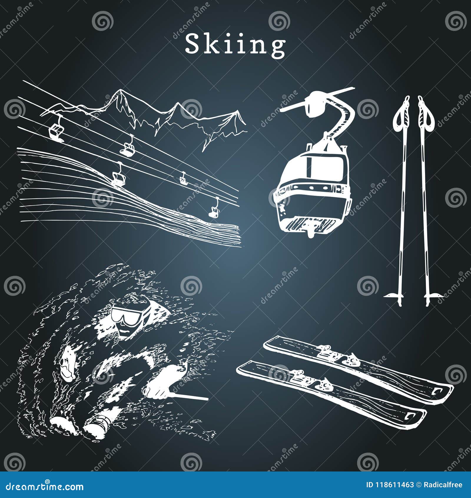 Vector Hand Sketches of Skiing Elements.Illustration Set for Poster ...