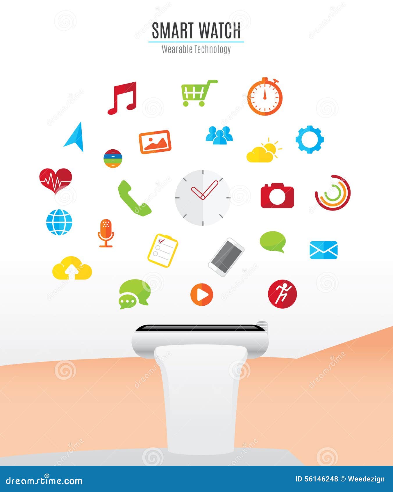 Vector : Hand with Smart Watch and Smart Watch Function Icons Fl Stock ...
