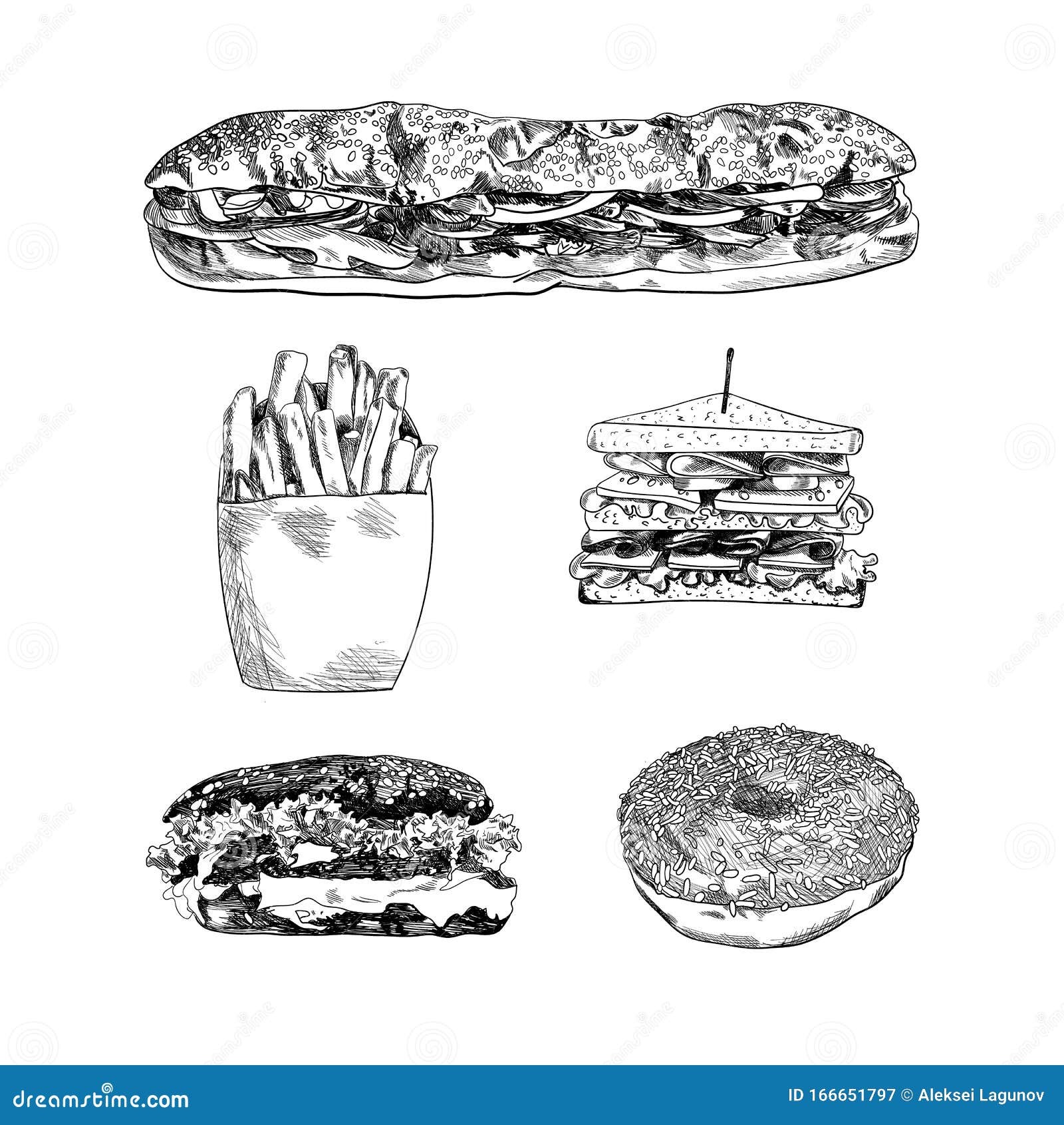 Vector Handdrawn Fast Food Sketches Isolated on White Background, Black ...