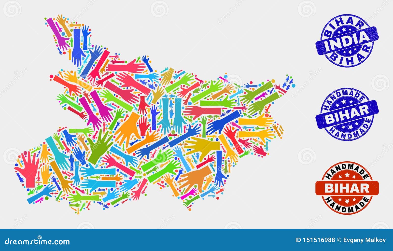 Hand Composition of Bihar State Map and Textured Handmade Seals Stock ...