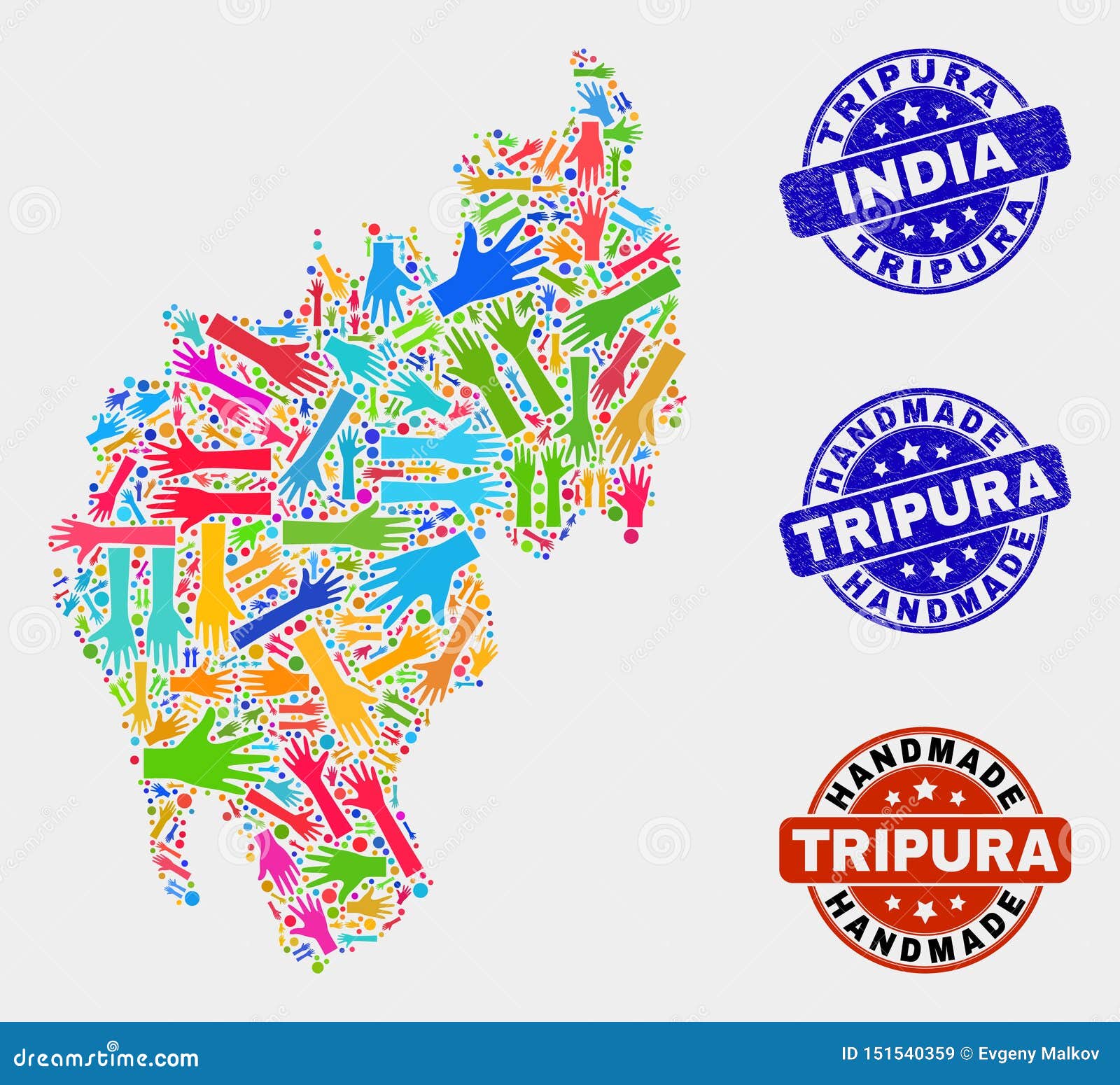 Hand Composition of Tripura State Map and Textured Handmade Seals Stock ...