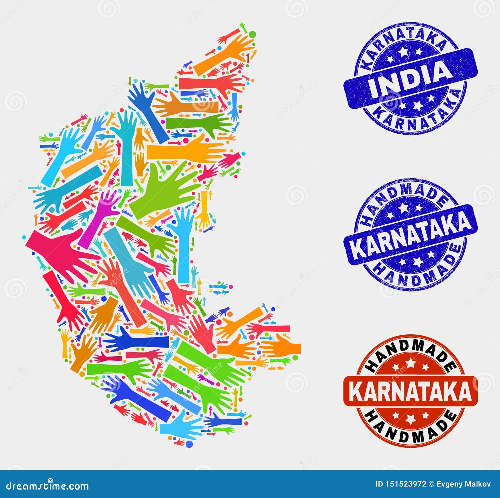 Hand Collage of Karnataka State Map and Textured Handmade Seals Stock ...