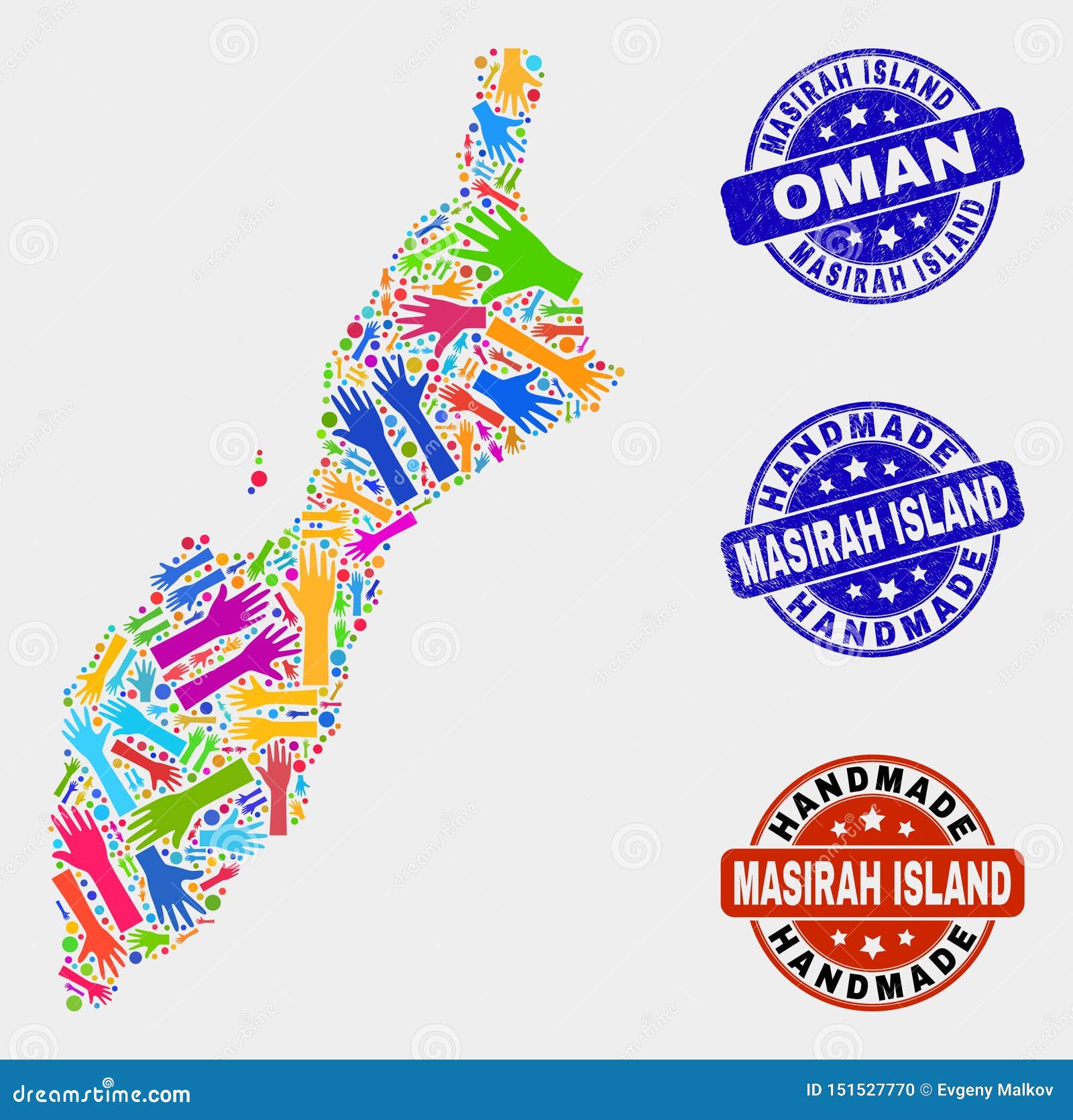 Hand Composition of Masirah Island Map and Scratched Handmade Stamps ...