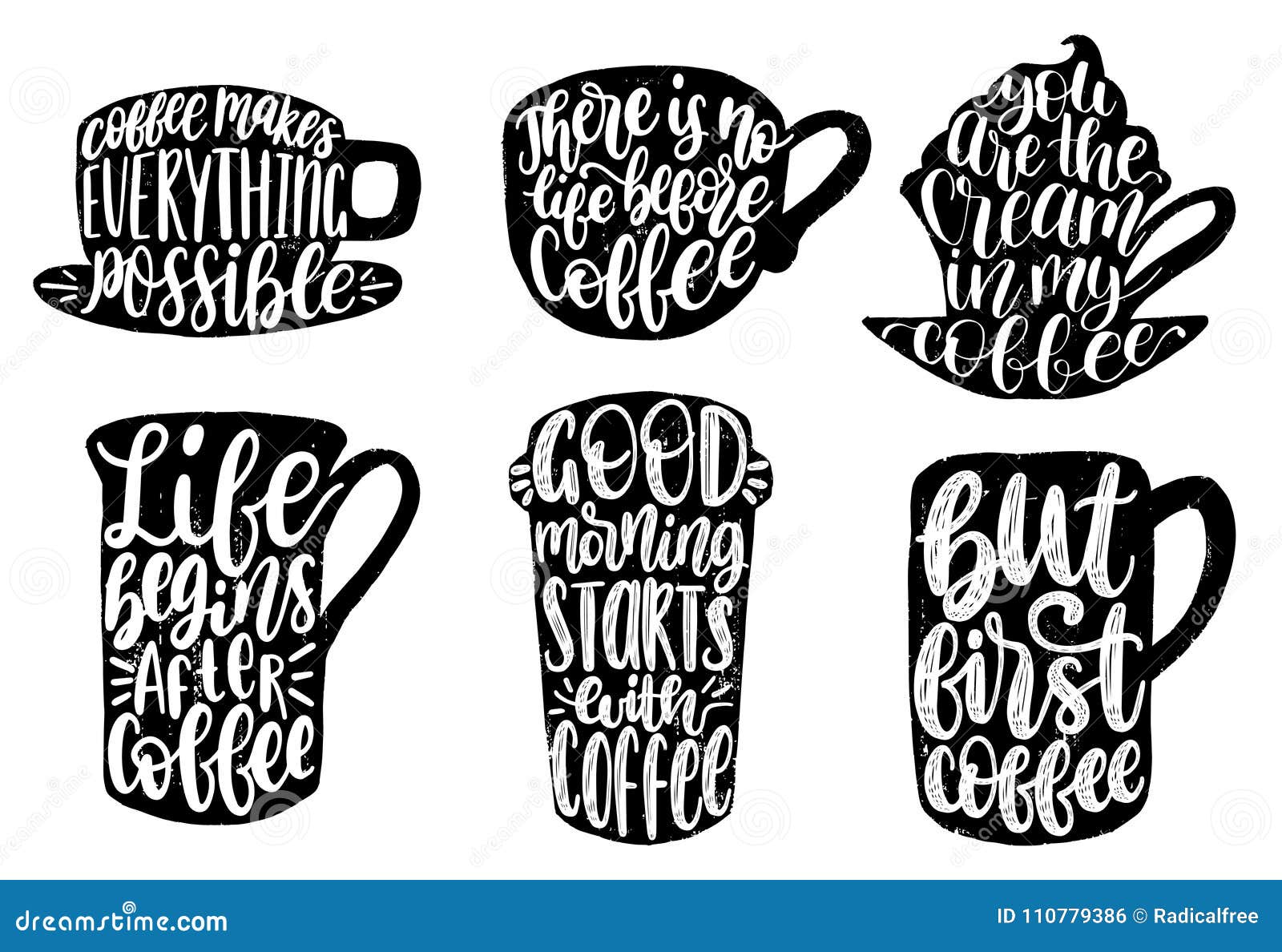 Vector Handwritten Coffee Phrases Set. Coffee Quotes Typography in Cup ...