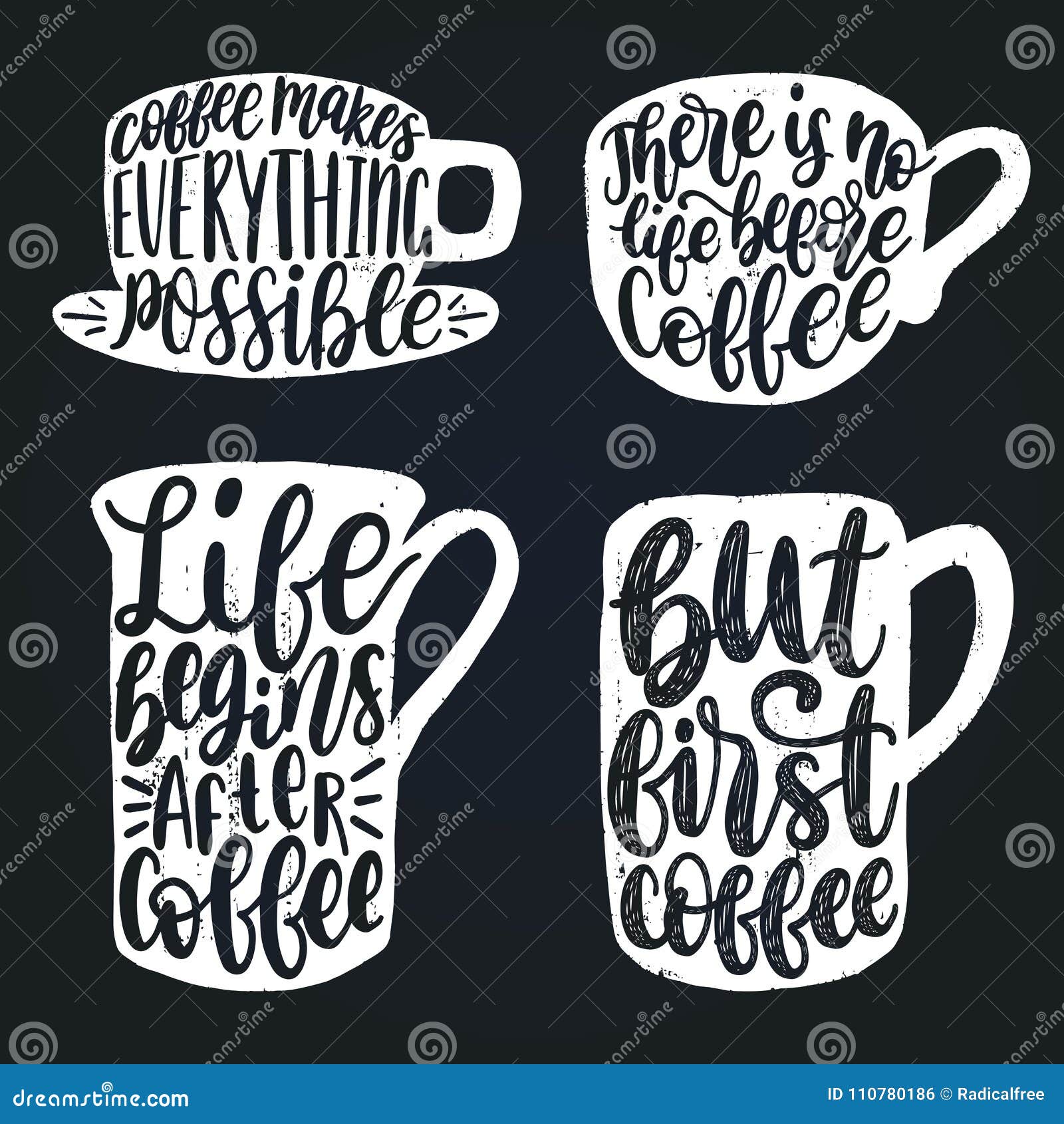 Vector Handwritten Coffee Phrases Set. Coffee Quotes Typography in Cup ...