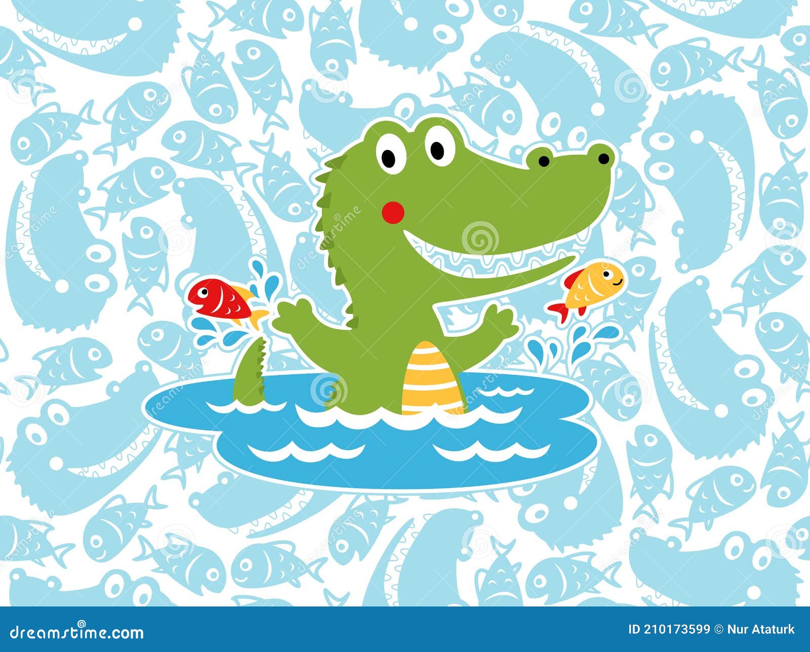 Vector of Happy Crocodile Cartoon with Fishes on Seamless Pattern ...
