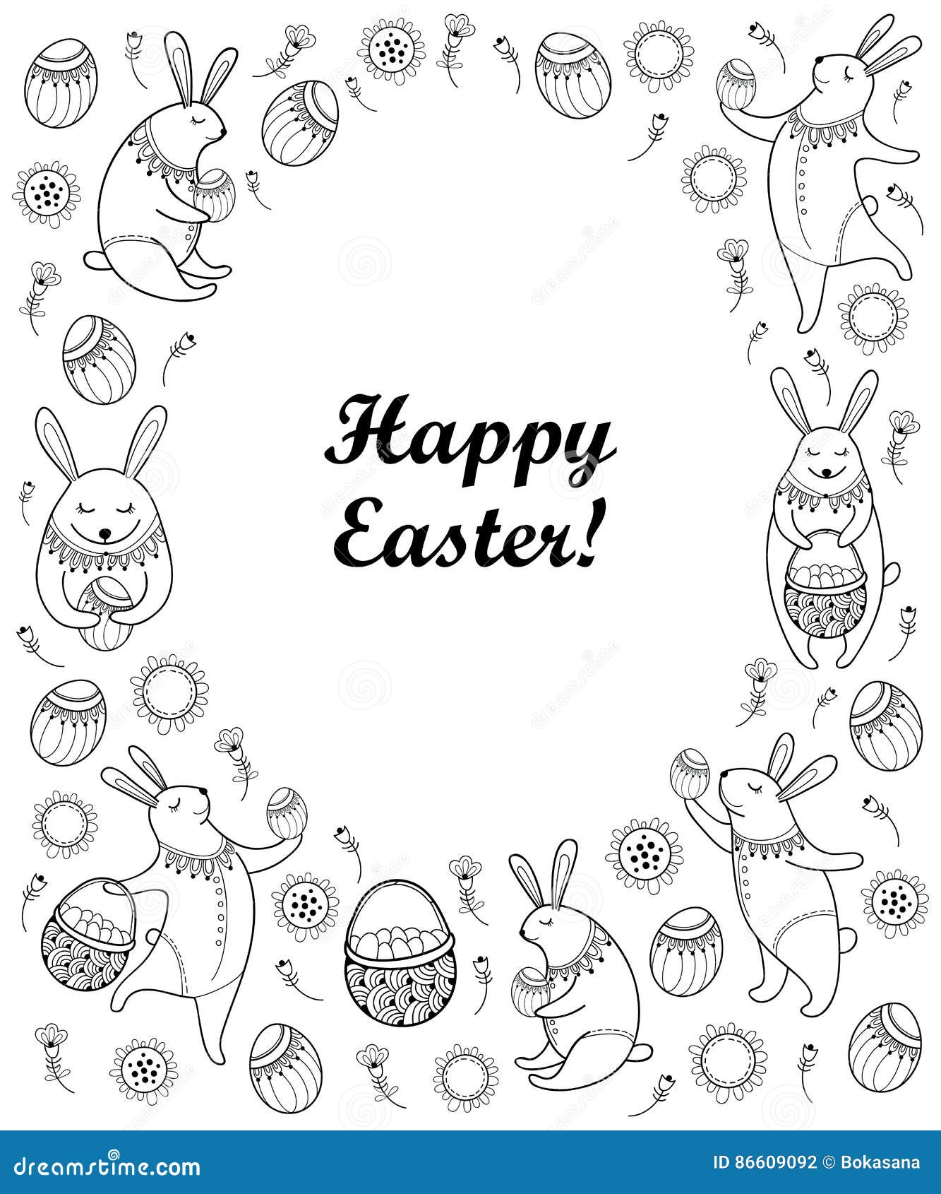 Vector Happy Easter Card with Outline Easter Rabbit, Egg and Basket ...