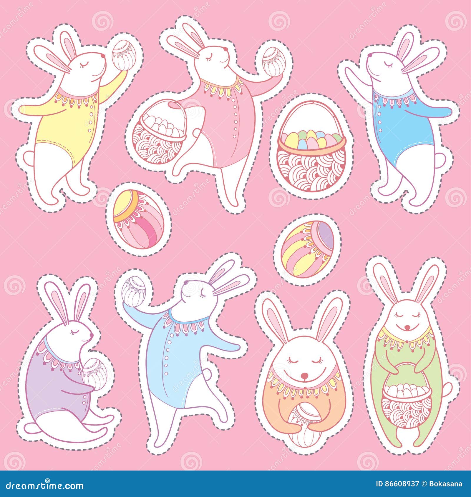 Vector Happy Easter Patch Badges Set. Contour Easter Rabbits, Egg and ...