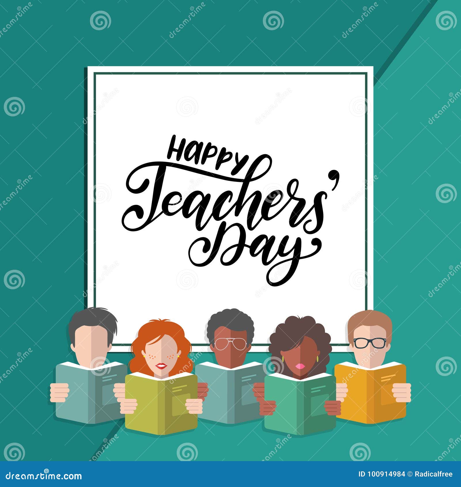 Vector Happy Teachers Day Hand Lettering In Frame With Illustration In