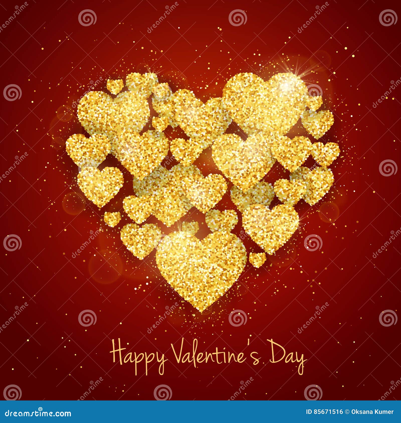 Vector Happy Valentine`s Day Greeting Card With Sparkling Glitter Gold