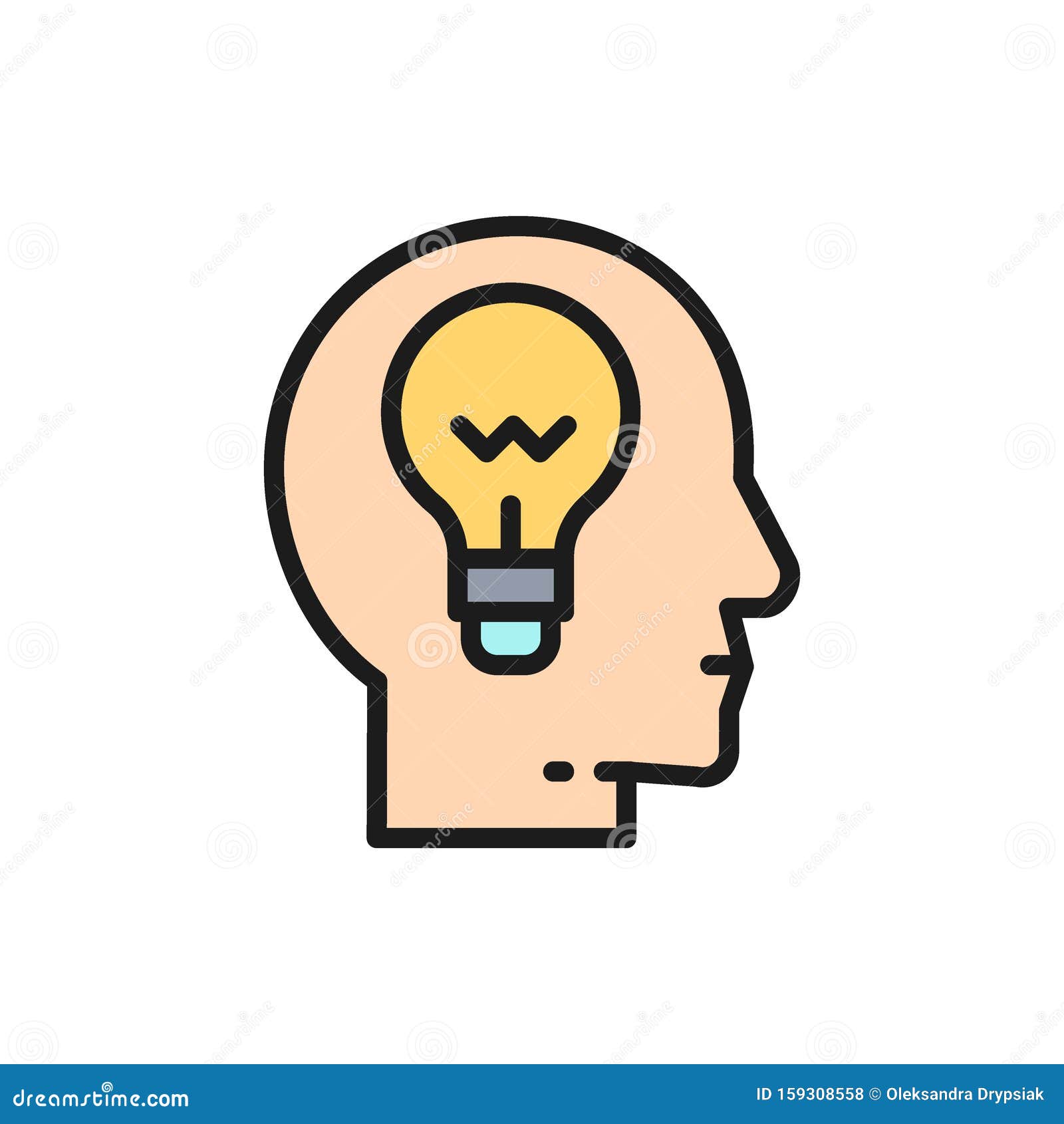Vector Head with Lamp, Idea Generation, Brain Process Flat Color Line ... Vector Head with Lamp, Idea Generation, Brain Process Flat Color Line ...