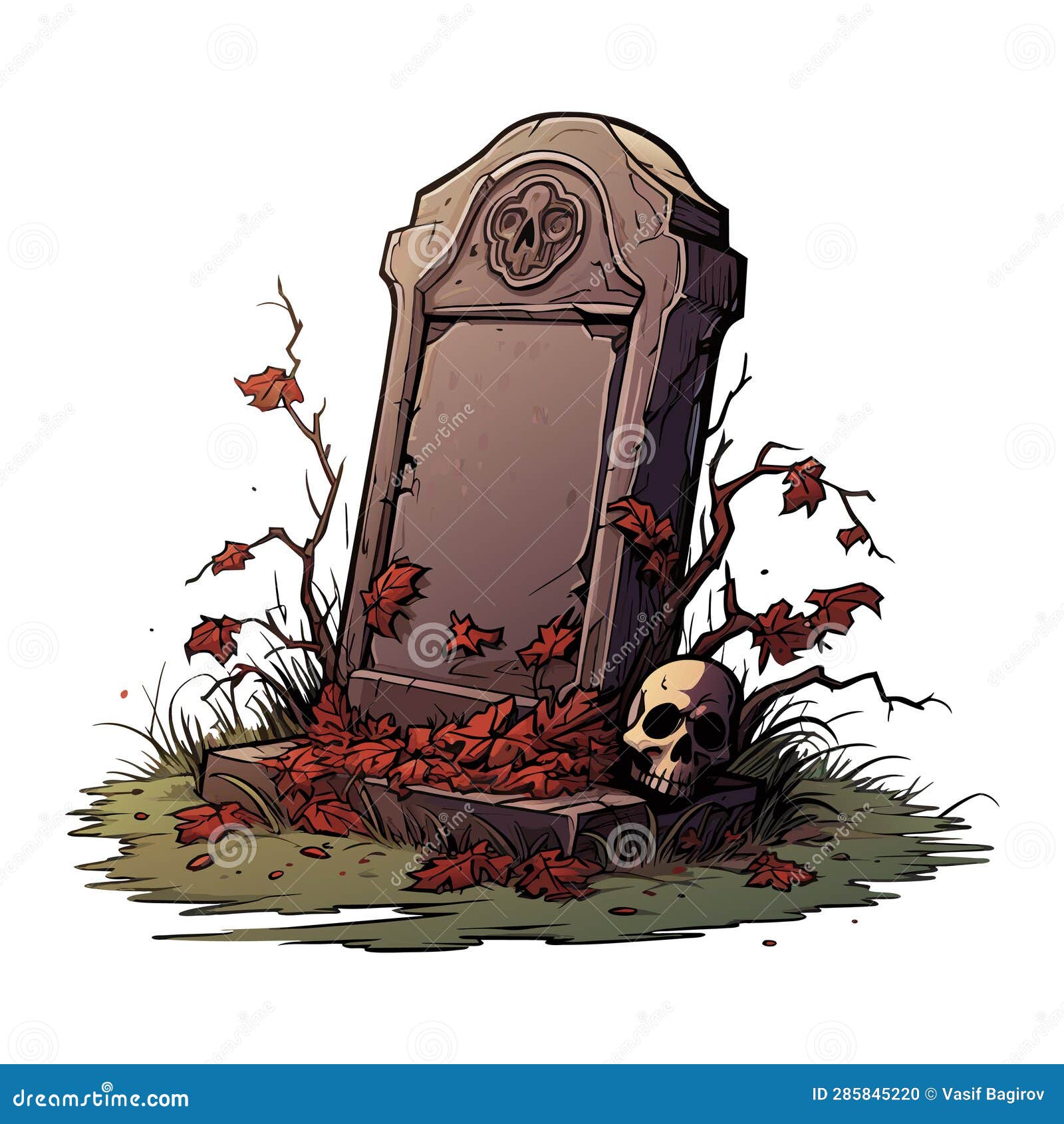 Vector Headstone with Skeleton Head. Tombstone in Cemetry Stock ...