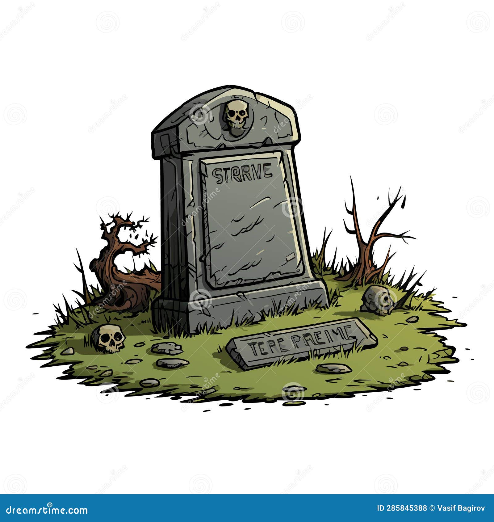 Vector Headstone with Skeleton Head. Tombstone in Cemetry Stock ...