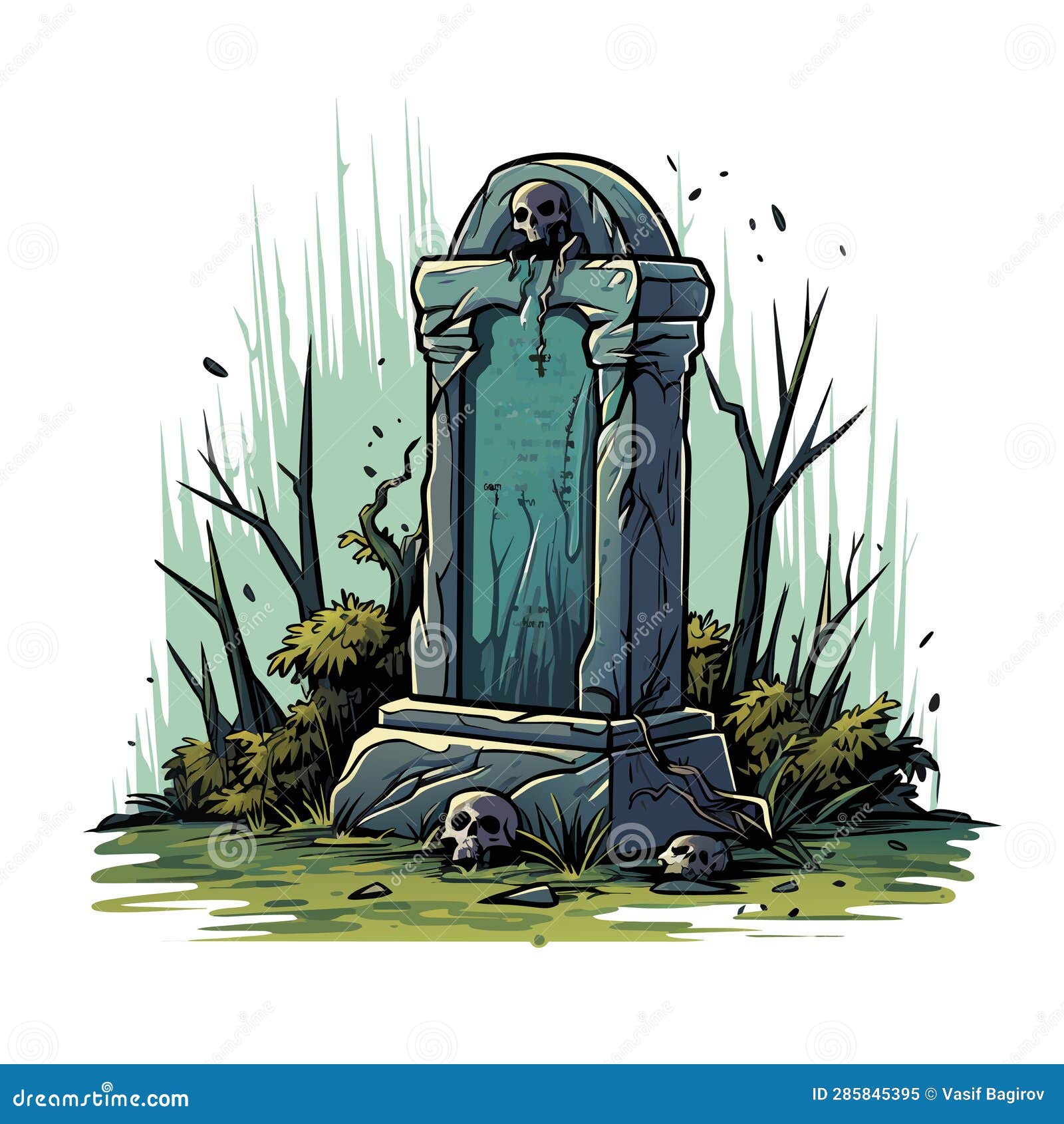 Vector Headstone with Skeleton Head. Tombstone in Cemetry Stock Vector ...