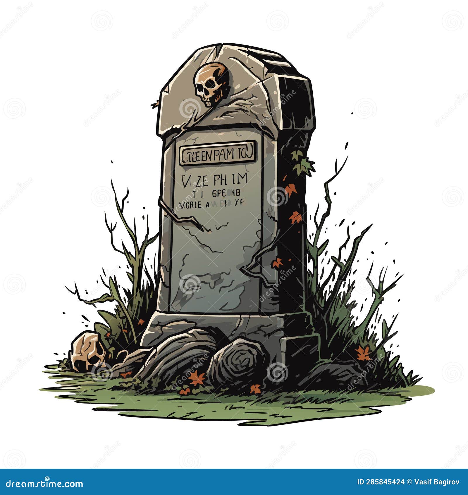 Vector Headstone with Skeleton Head. Tombstone in Cemetry Stock Vector ...