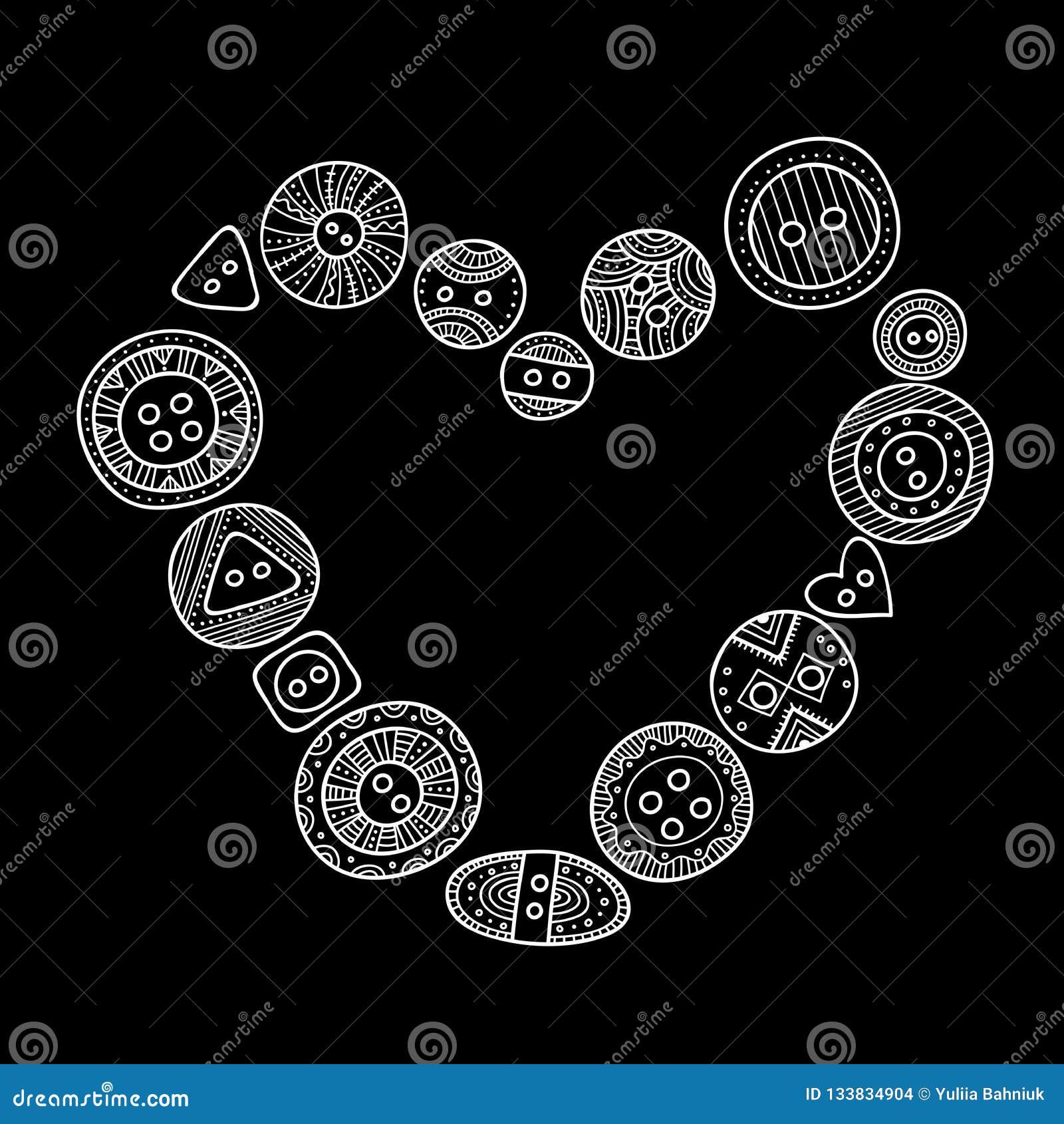 Vector Heart Frame, Border with Set of Cloth Buttons in Different ...