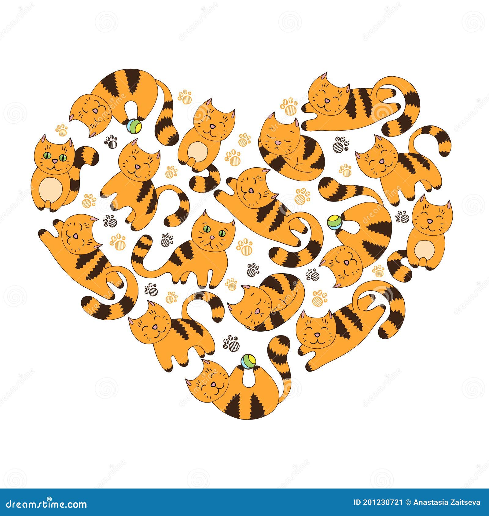 Vector Heart Full of Cute Cats in Different Poses Sleeping, Playing ...