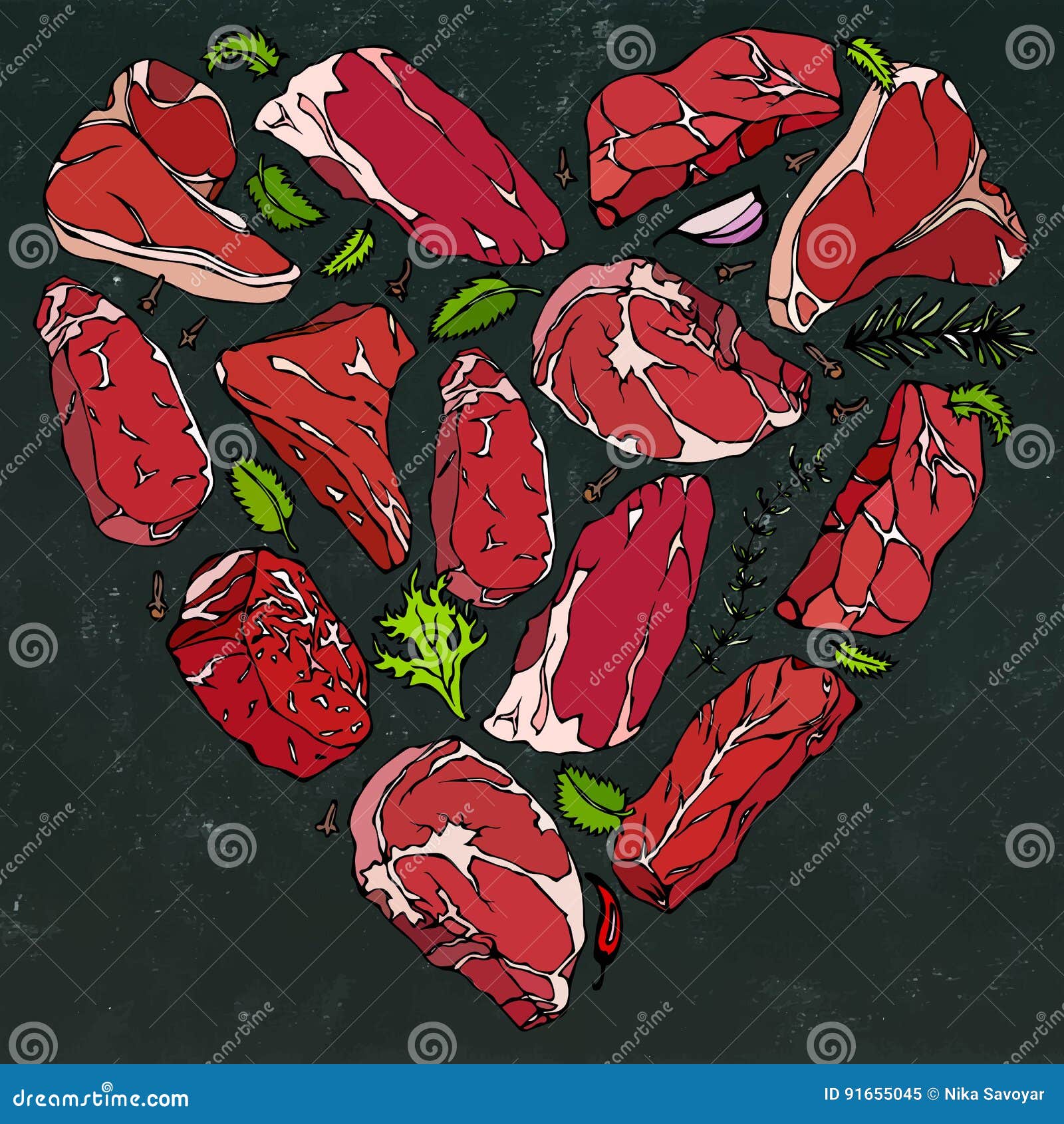 Vector Heart of Meat Steaks on Chalkboard Background Stock Illustration ...