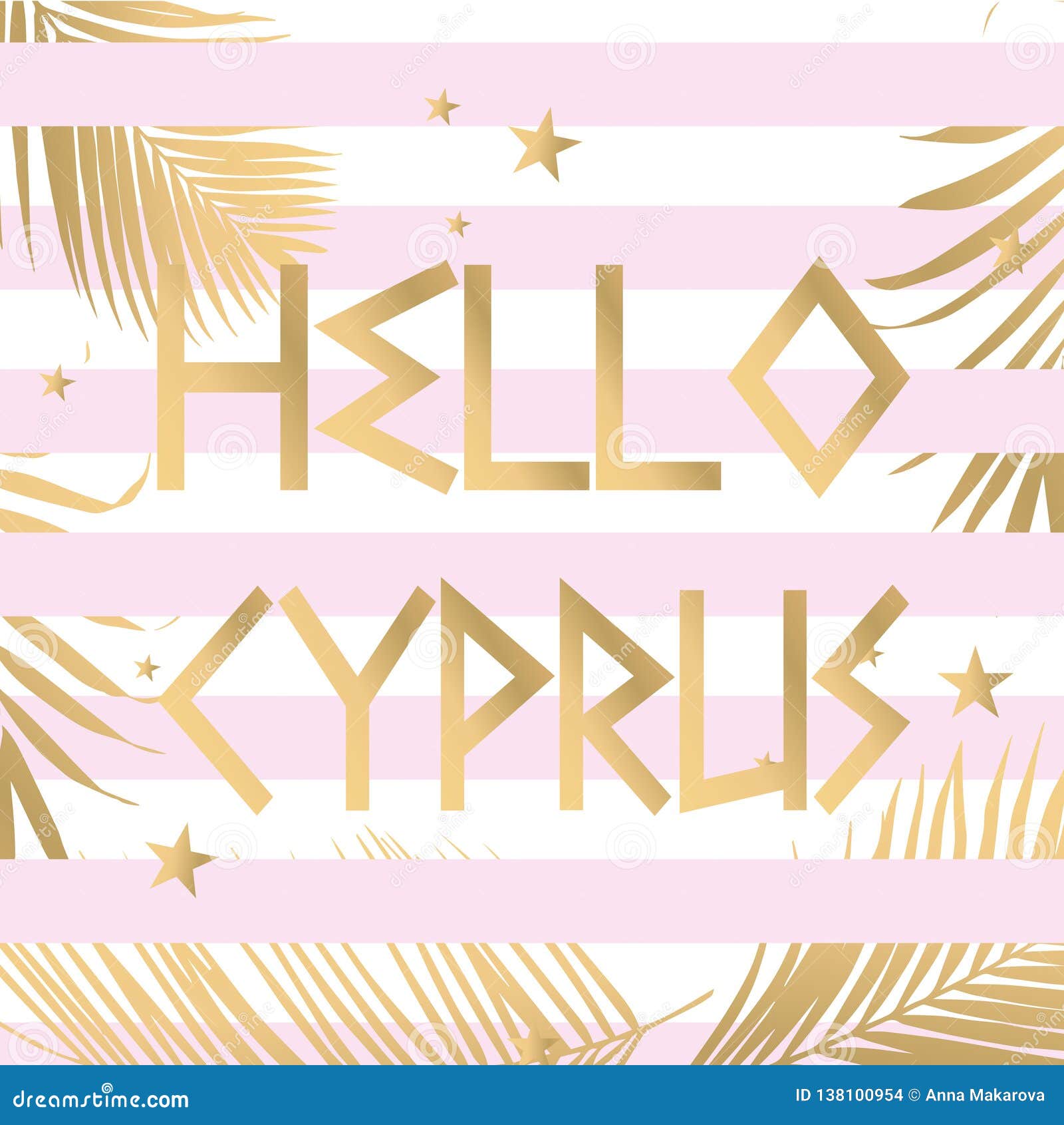 Vector Hello Cyprus Text Design Illustration and Gold Palm Leaves Stock ...