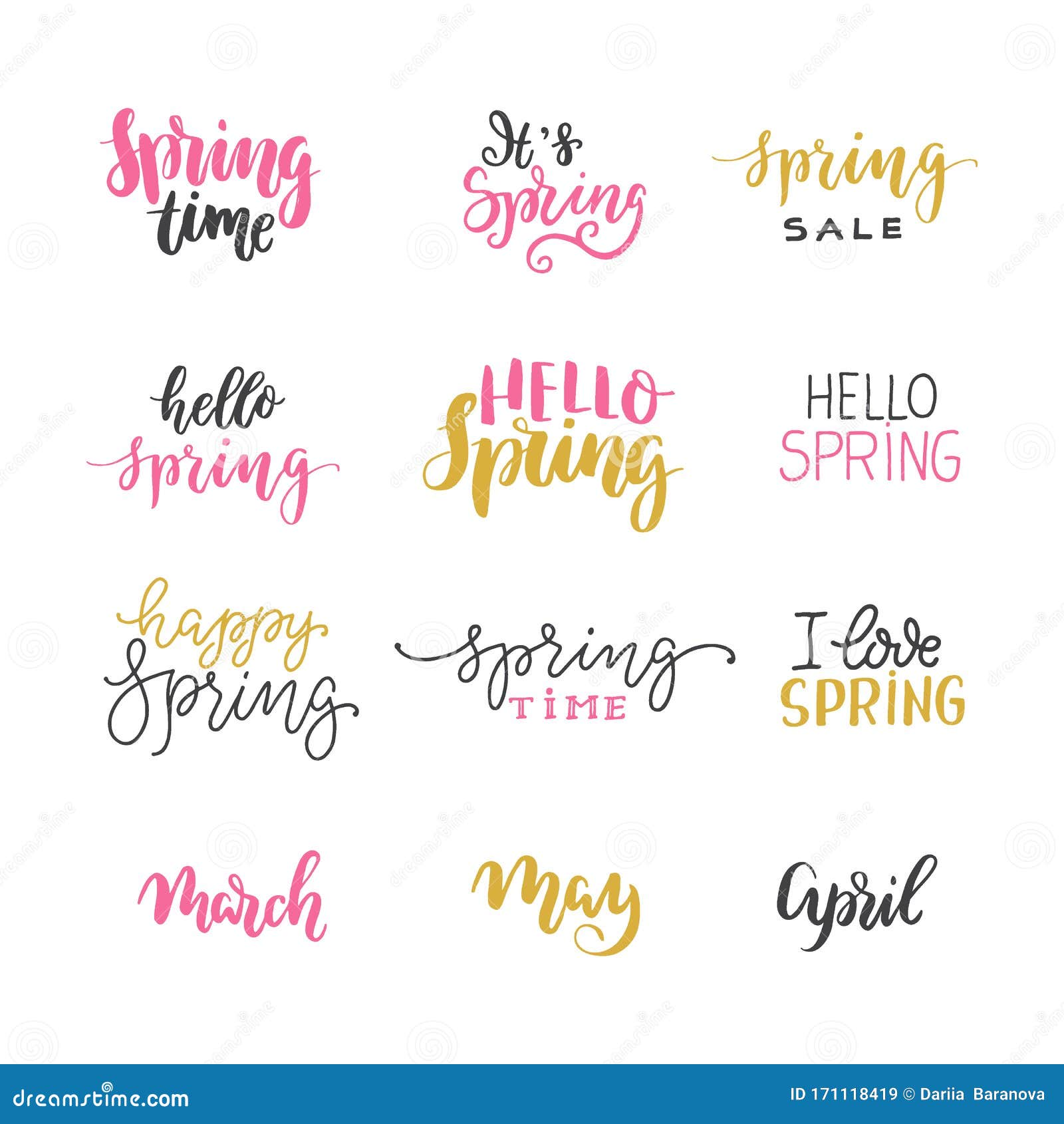 Vector Hello Spring Lettering Typography Set. Hand Written Style Stock ...
