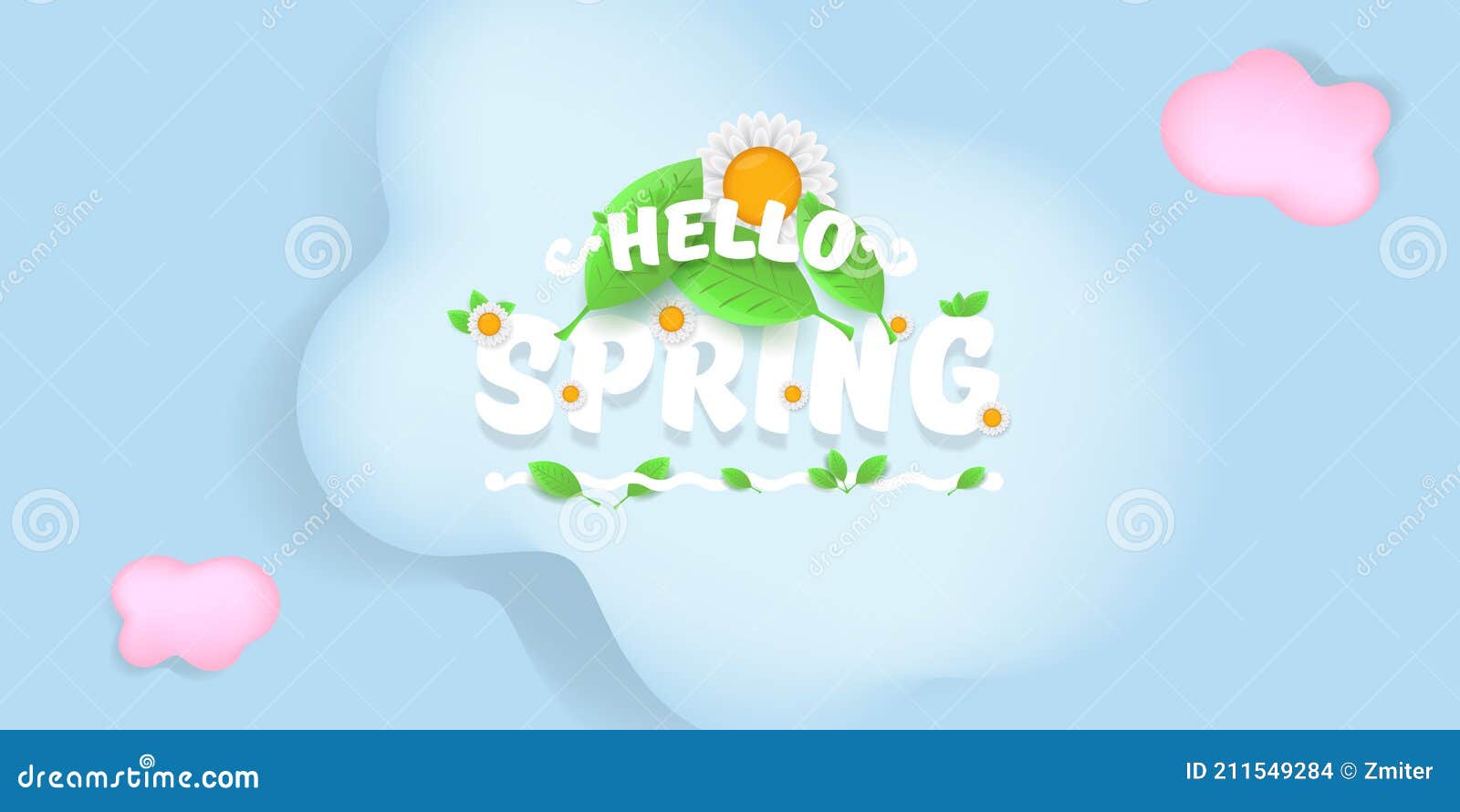 Vector Hello Spring Pink Horizontal Banner with Text and Flowers on ...