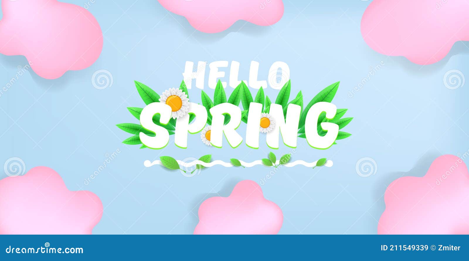 Vector Hello Spring Pink Horizontal Banner with Text and Flowers on ...