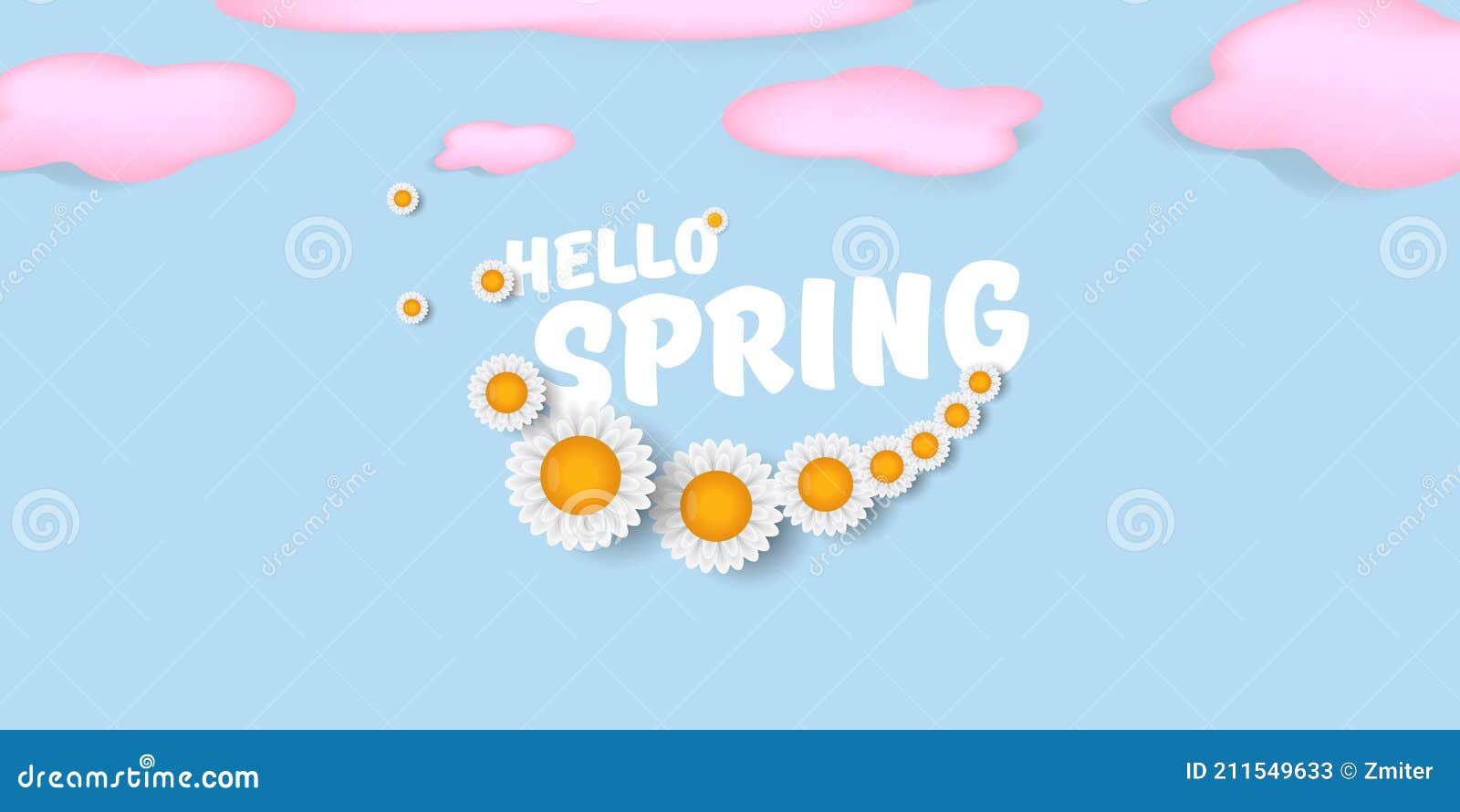 Vector Hello Spring Pink Horizontal Banner with Text and Flowers on ...