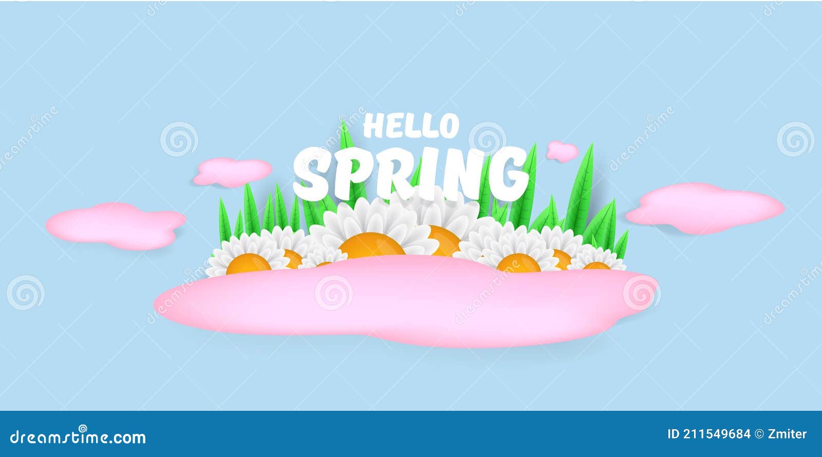 Vector Hello Spring Pink Horizontal Banner with Text and Flowers on ...