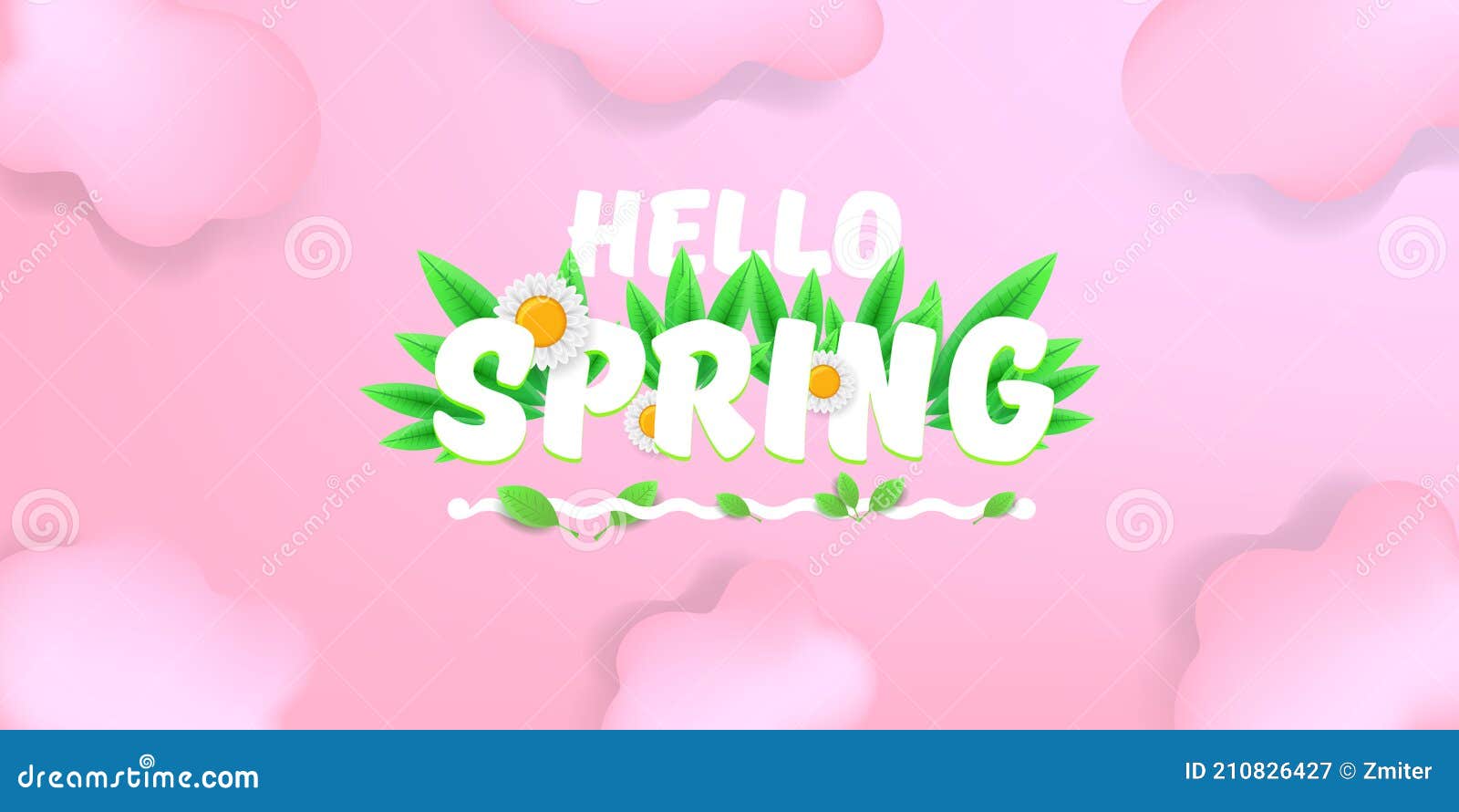 Vector Hello Spring Pink Horizontal Banner with Text and Flowers on ...