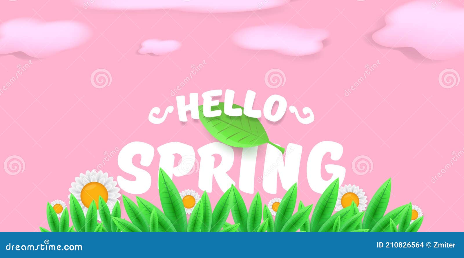 Vector Hello Spring Pink Horizontal Banner with Text and Flowers on ...