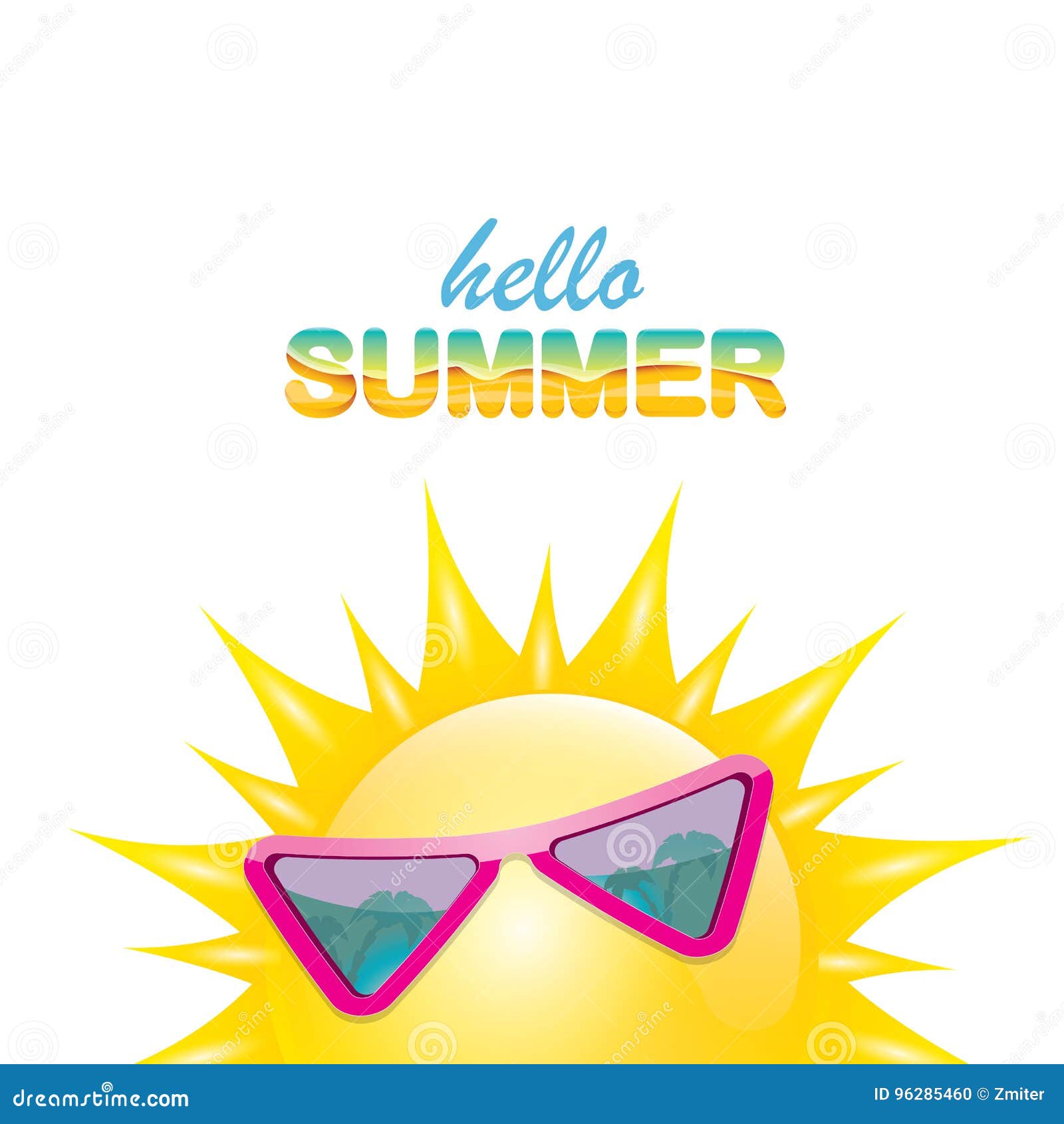 Vector Hello Summer Label with Smiling Shiny Sun Stock Vector ...