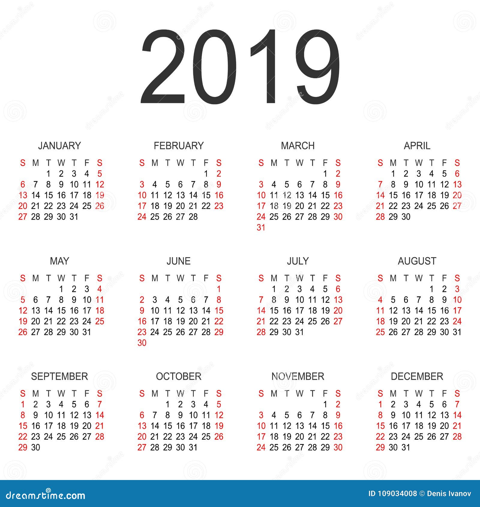 Vector Het Ontwerpmalplaatje Van Het Kalender 2019 Jaar Vector ...
