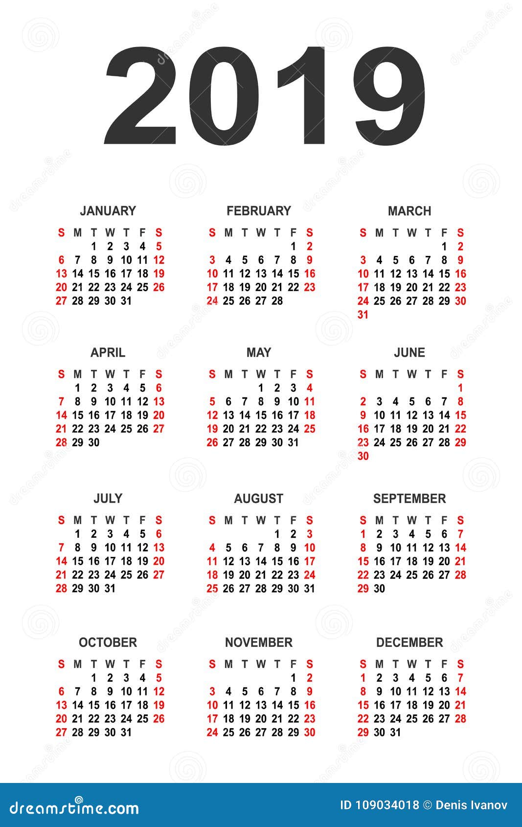 Vector Het Ontwerpmalplaatje Van Het Kalender 2019 Jaar Vector ...