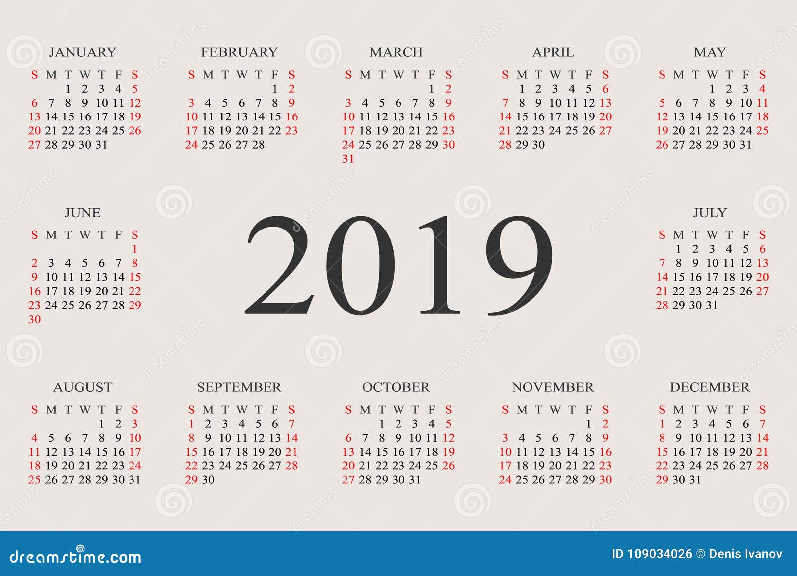 Vector Het Ontwerpmalplaatje Van Het Kalender 2019 Jaar Vector ...