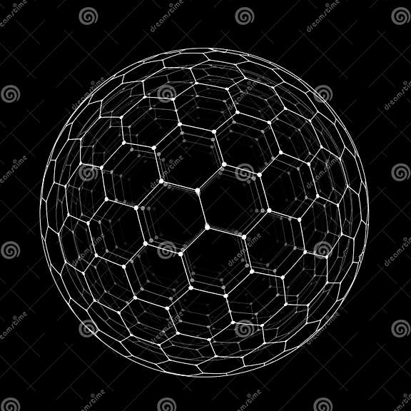 Vector Hexagonal Grid Buckyball Sphere Isolated on Black Background ...
