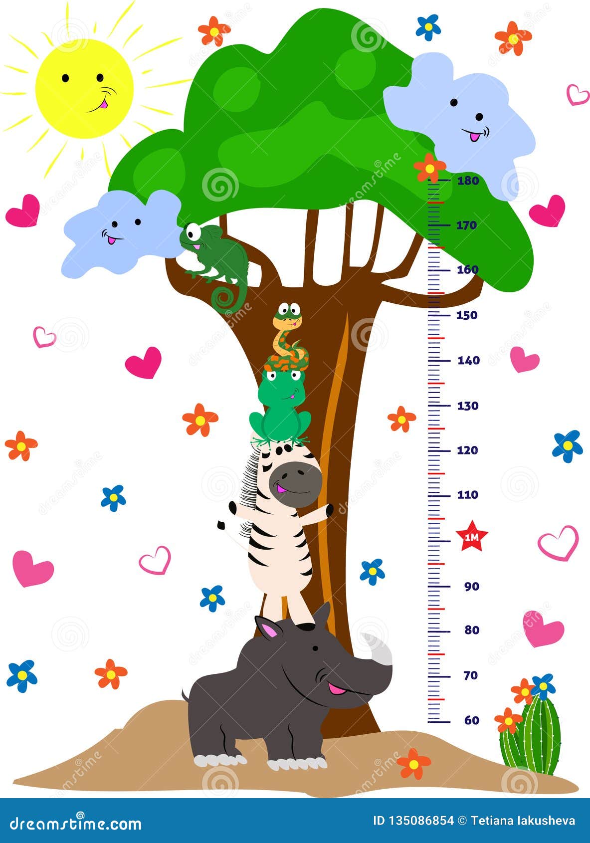 Vector Hight Meter for Kids with Cute Animals. Rhino and His Friends ...