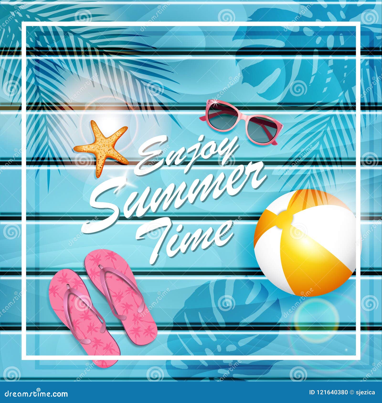 Vector Summer Holiday Illustration. Summer Objects on Blue Wooden ...