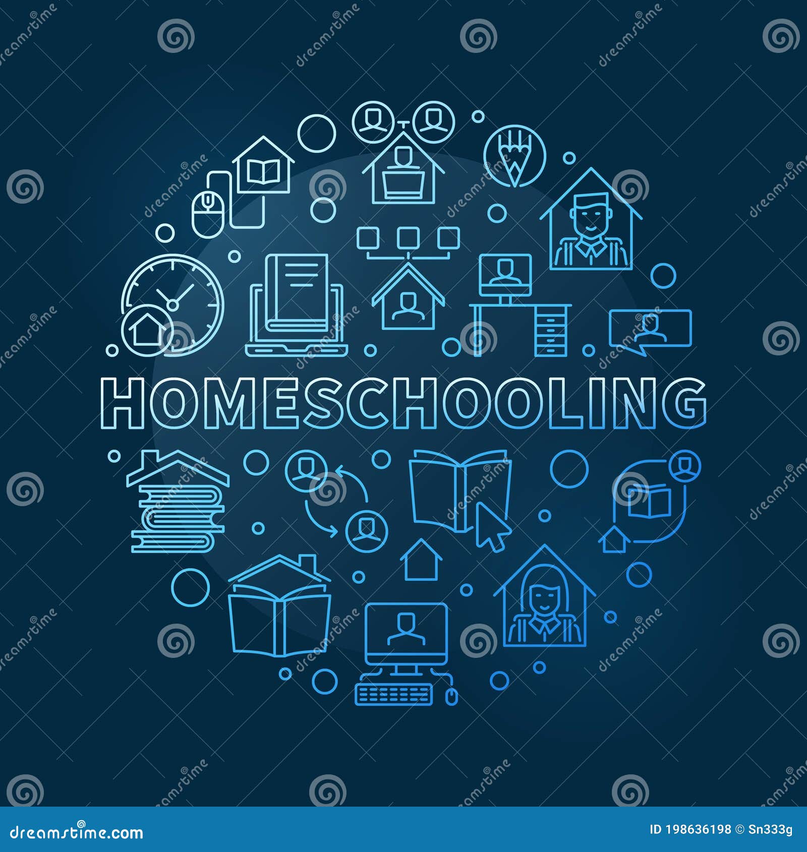 Vector Homeschooling Concept Round Blue Linear Illustration Stock ...