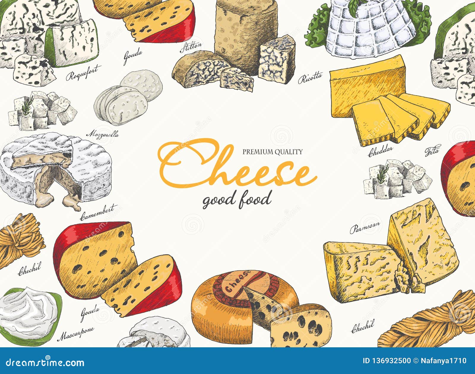 Vector Horizontal Background with Different Color Cheeses in Sketch ...