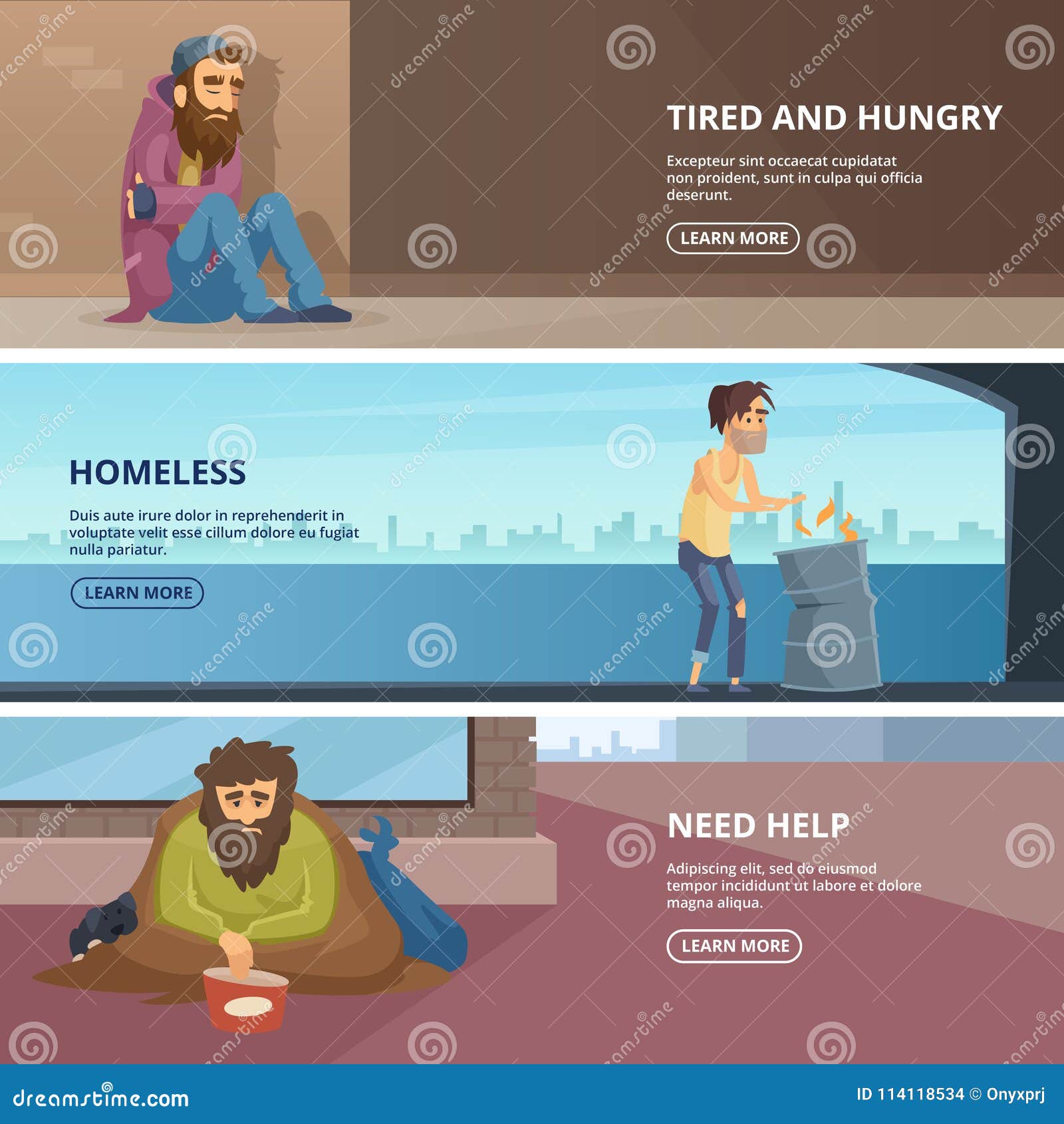 Vector Horizontal Banners with Illustrations of Poor and Homeless ...